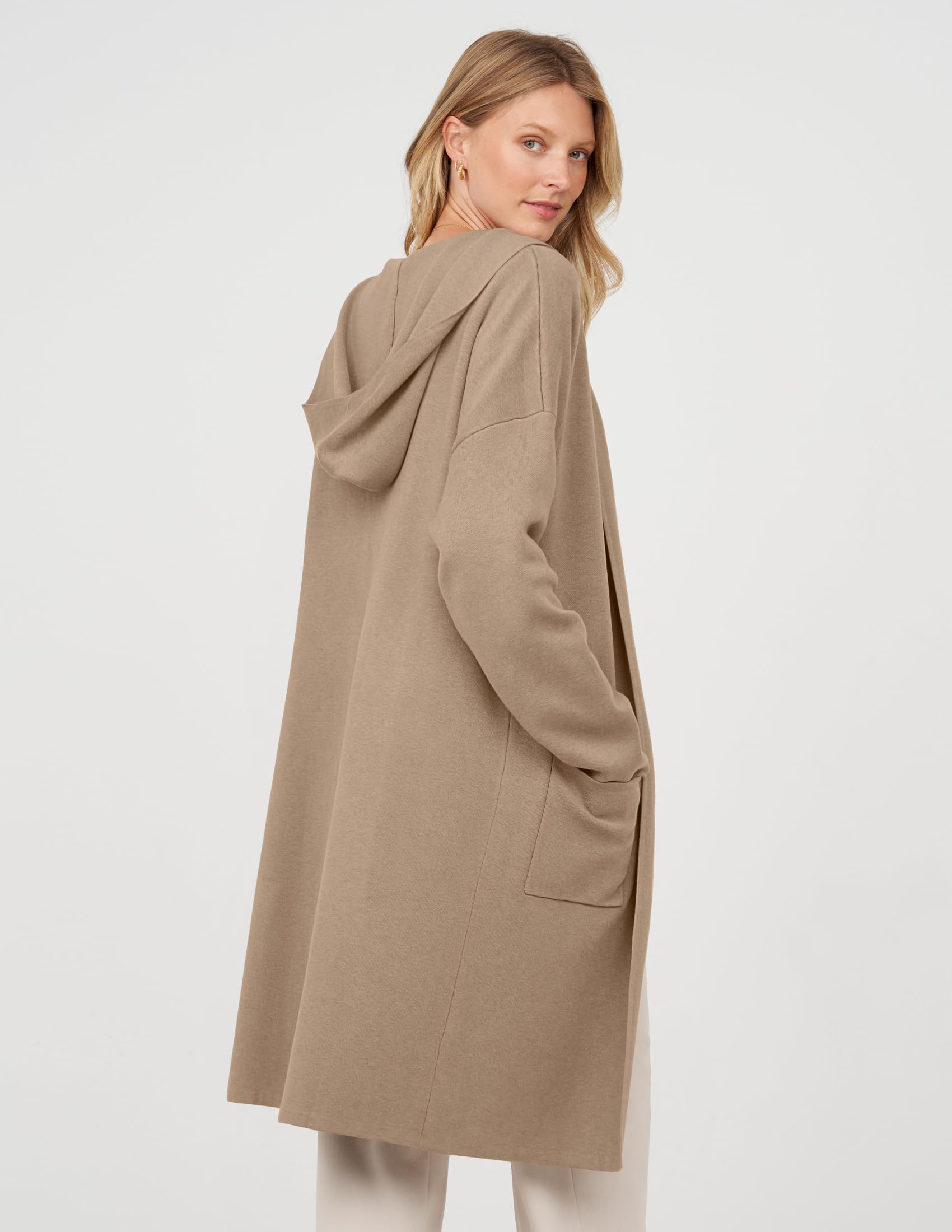 MEROKEETY Long Hooded Cardigan Sweaters for Women Oversized Open Front Coatigan Lady Jacket Coat Pockets, Khaki, Medium
