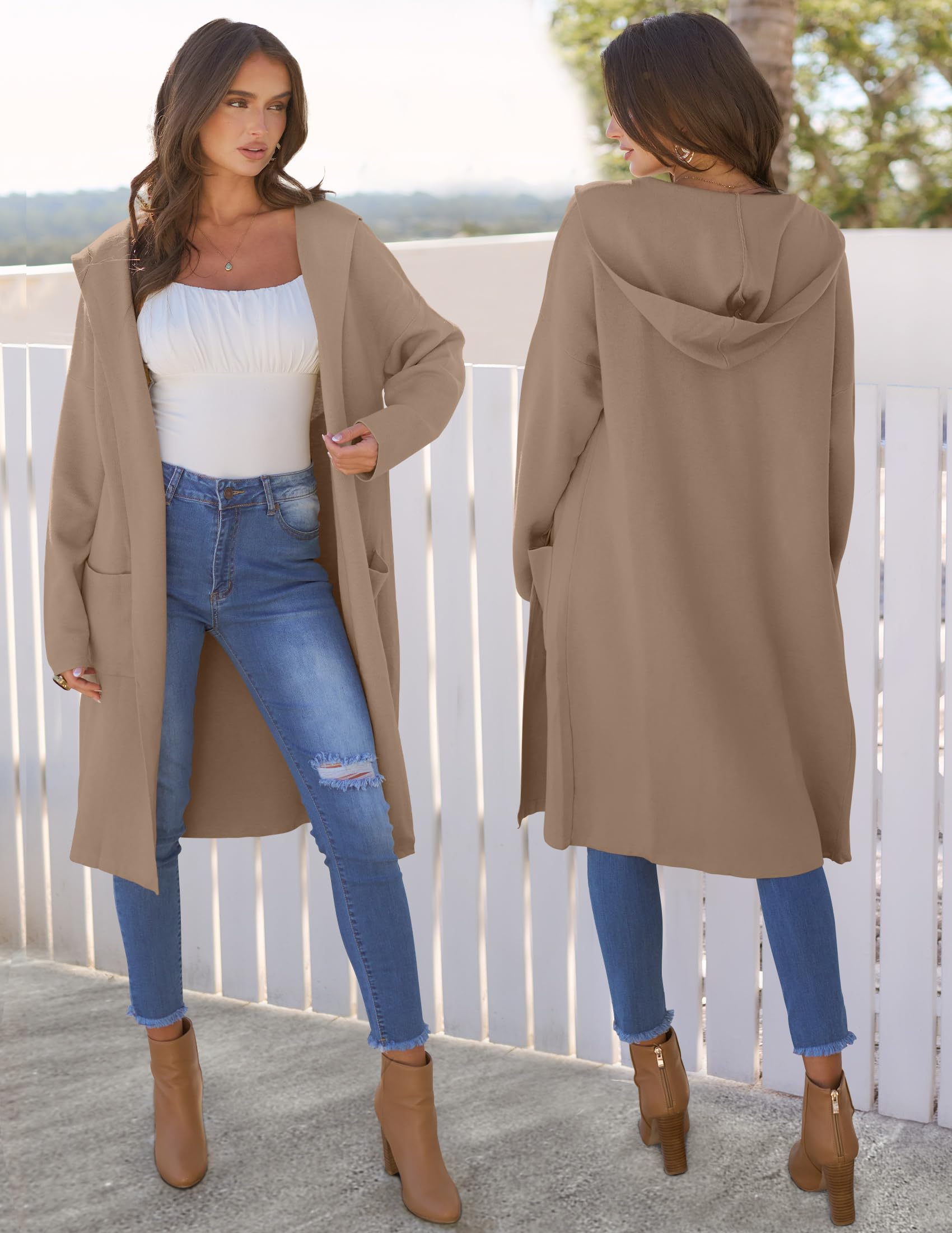 MEROKEETY Long Hooded Cardigan Sweaters for Women Oversized Open Front Coatigan Lady Jacket Coat Pockets, Khaki, Medium