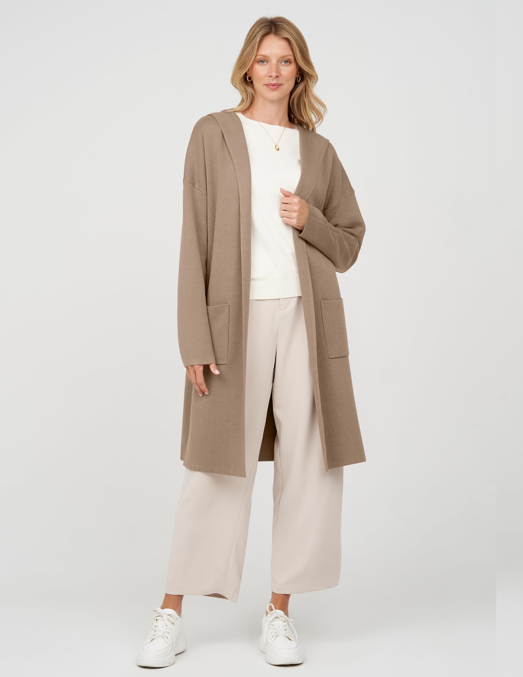 MEROKEETY Long Hooded Cardigan Sweaters for Women Oversized Open Front Coatigan Lady Jacket Coat Pockets, Khaki, Medium