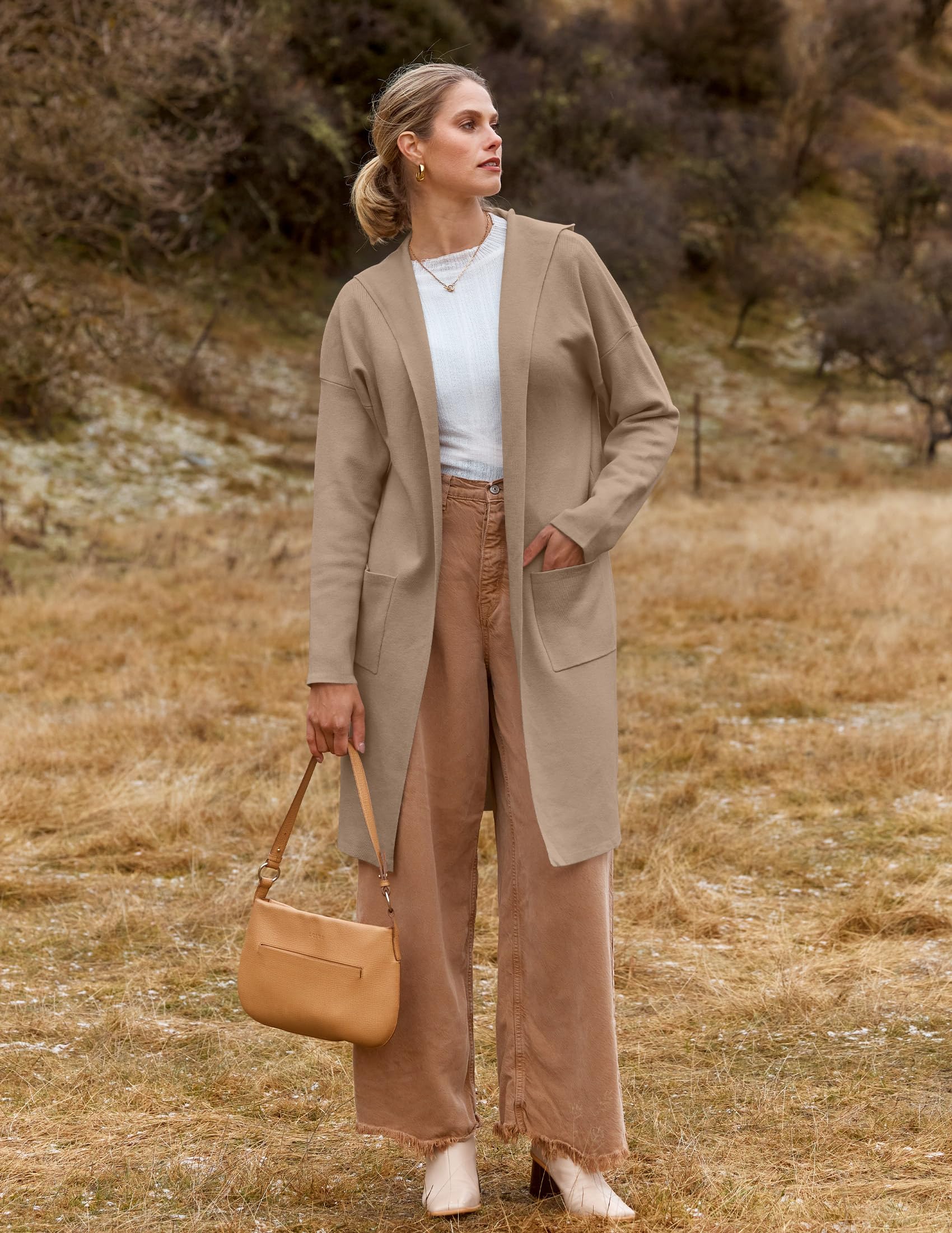 MEROKEETY Long Hooded Cardigan Sweaters for Women Oversized Open Front Coatigan Lady Jacket Coat Pockets, Khaki, Medium