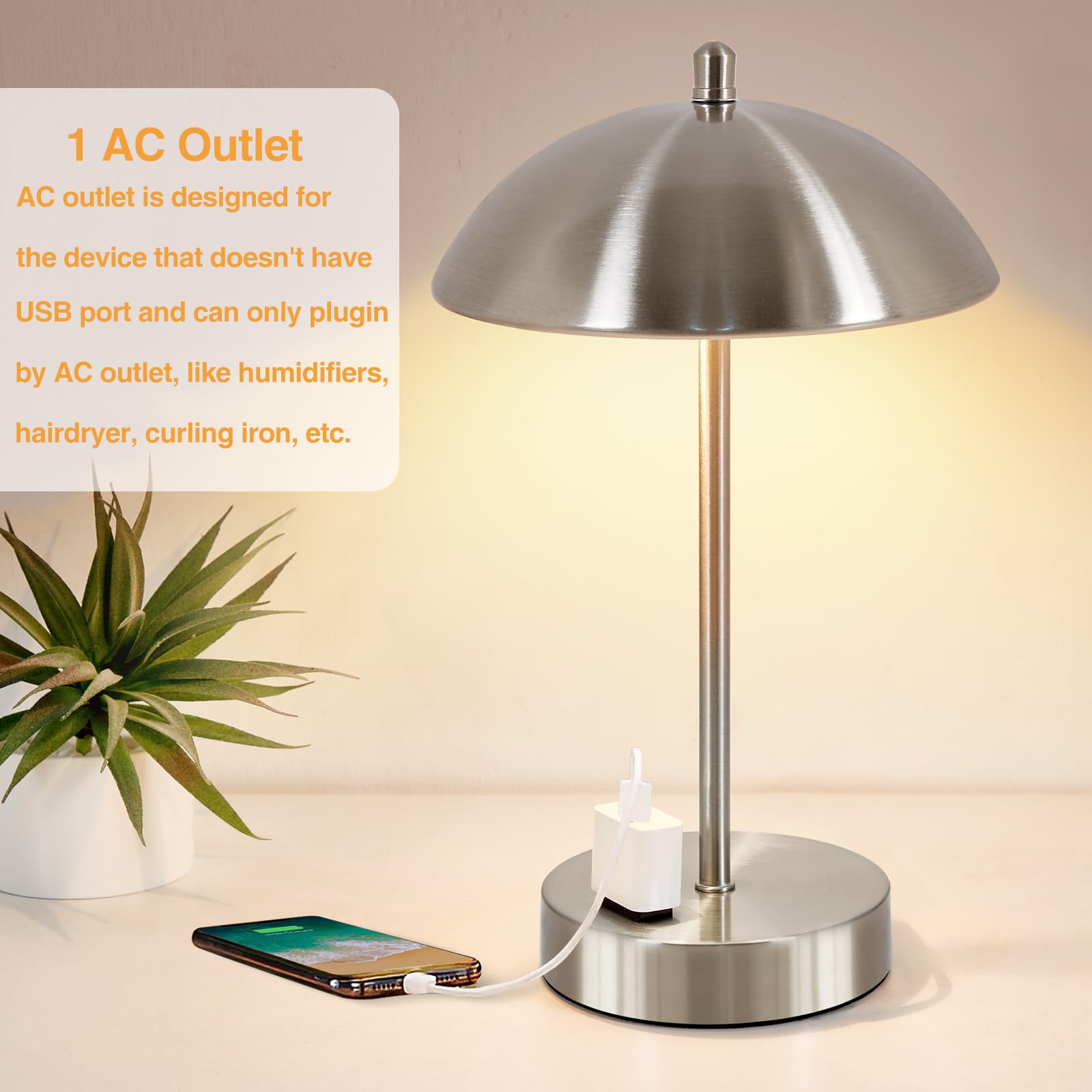 Modern Desk Lamp with AC Adapter,12" 3-Way Dimmable Touch Bedside Reading Lamp, Minimalist Silver Small Nightstand Table Lamp with Mushroom Dome Shade for Bedroom Living Room Office, LED Bulb Included