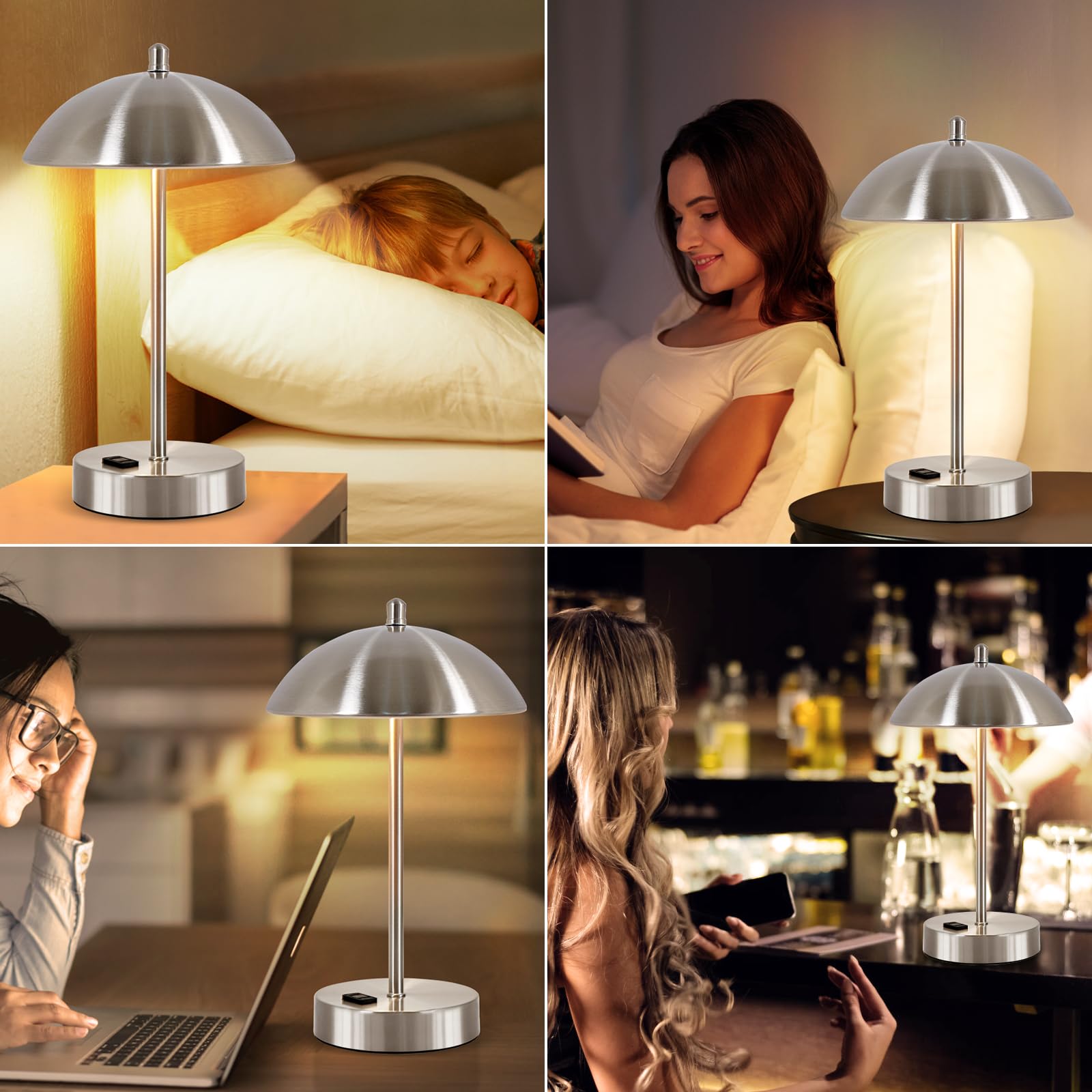 Modern Desk Lamp with AC Adapter,12" 3-Way Dimmable Touch Bedside Reading Lamp, Minimalist Silver Small Nightstand Table Lamp with Mushroom Dome Shade for Bedroom Living Room Office, LED Bulb Included