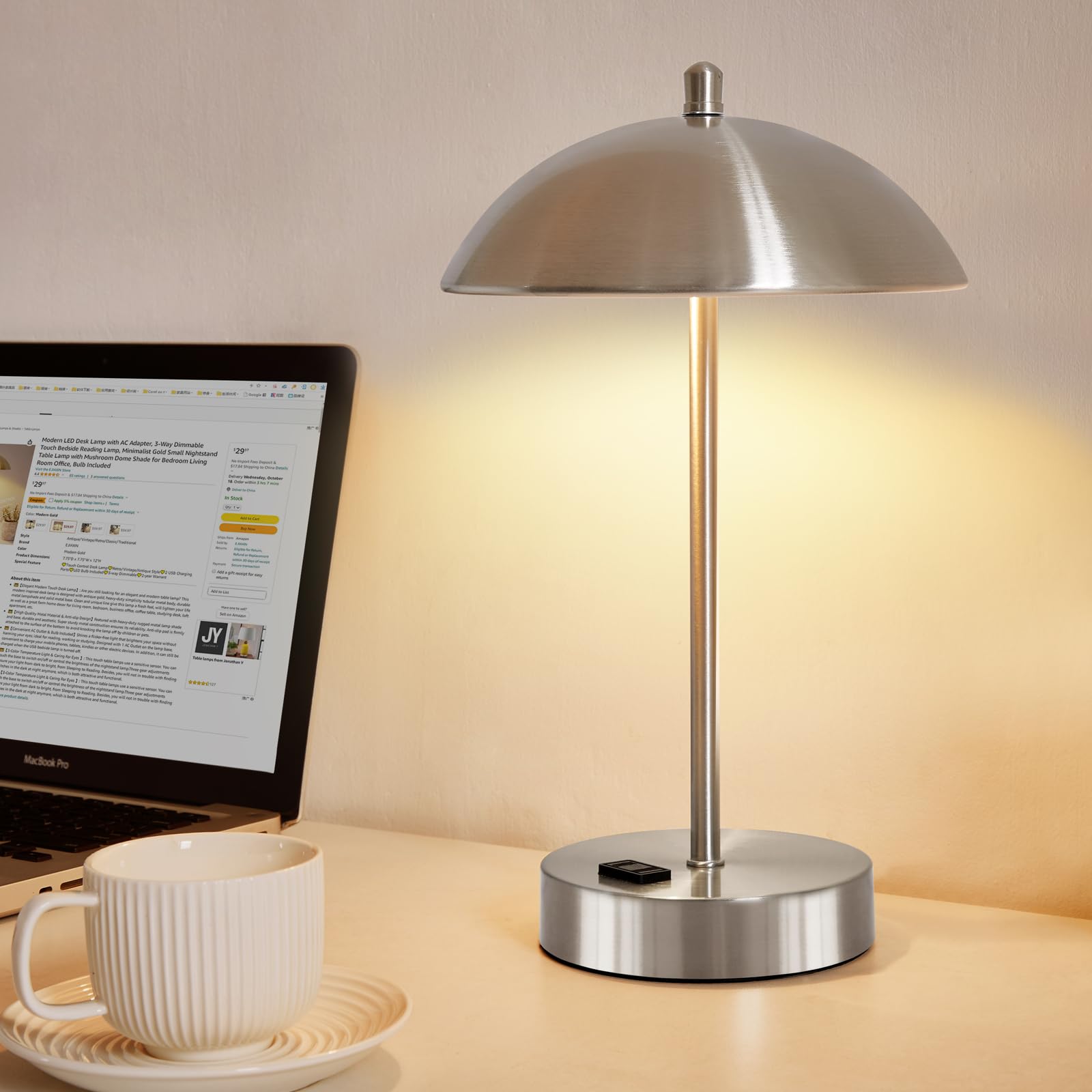 Modern Desk Lamp with AC Adapter,12" 3-Way Dimmable Touch Bedside Reading Lamp, Minimalist Silver Small Nightstand Table Lamp with Mushroom Dome Shade for Bedroom Living Room Office, LED Bulb Included