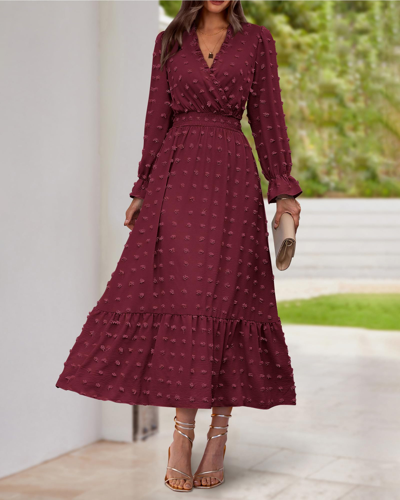 BTFBM Women Spring Dresses 2025 Long Sleeve V Neck Swiss Dots Maxi Dress Boho Long Dress High Waisted A-Line Ruffle Dress(Solid Wine Red,Medium)