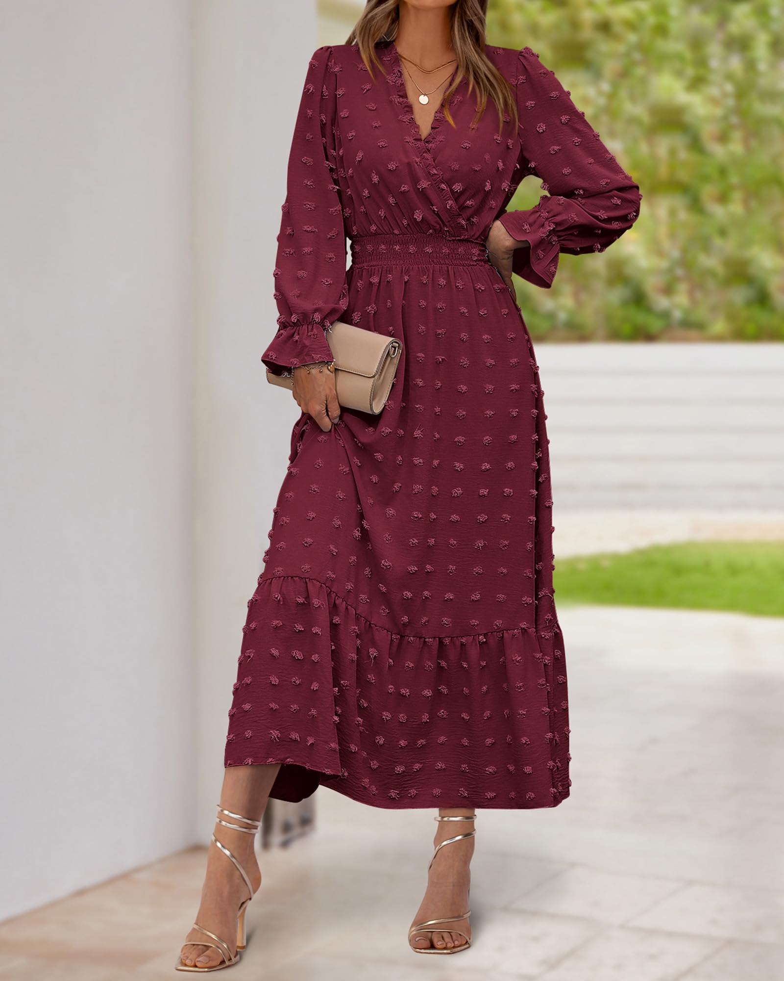 BTFBM Women Spring Dresses 2025 Long Sleeve V Neck Swiss Dots Maxi Dress Boho Long Dress High Waisted A-Line Ruffle Dress(Solid Wine Red,Medium)