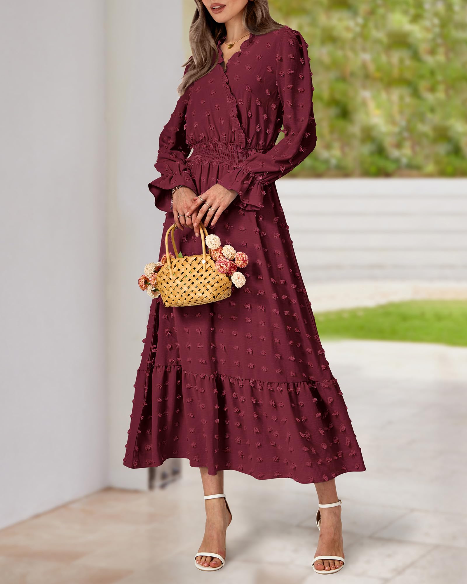 BTFBM Women Spring Dresses 2025 Long Sleeve V Neck Swiss Dots Maxi Dress Boho Long Dress High Waisted A-Line Ruffle Dress(Solid Wine Red,Medium)