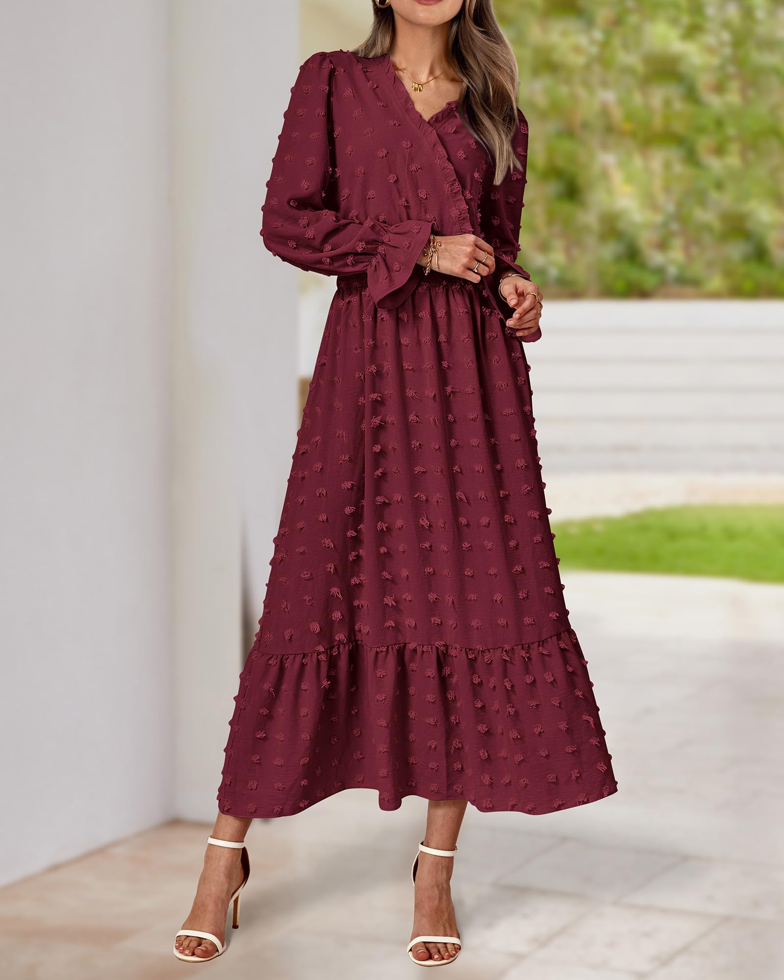 BTFBM Women Spring Dresses 2025 Long Sleeve V Neck Swiss Dots Maxi Dress Boho Long Dress High Waisted A-Line Ruffle Dress(Solid Wine Red,Medium)