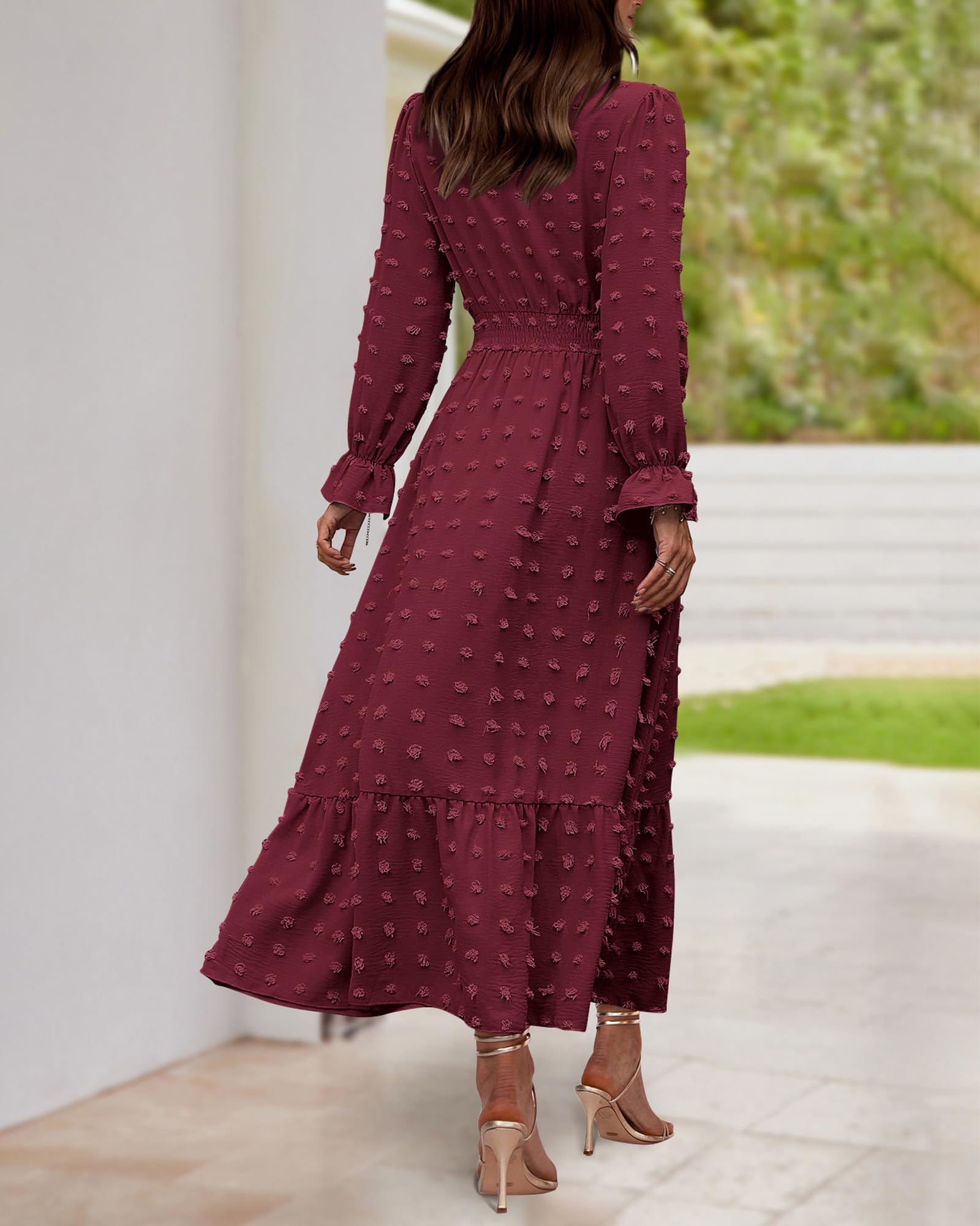 BTFBM Women Spring Dresses 2025 Long Sleeve V Neck Swiss Dots Maxi Dress Boho Long Dress High Waisted A-Line Ruffle Dress(Solid Wine Red,Medium)