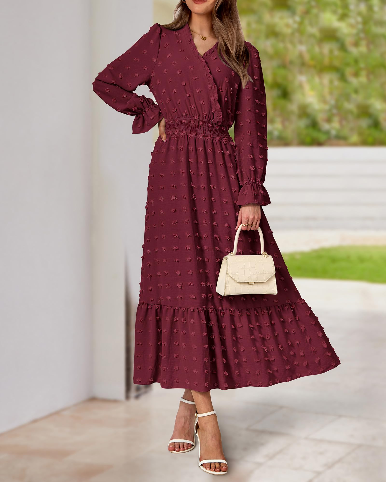 BTFBM Women Spring Dresses 2025 Long Sleeve V Neck Swiss Dots Maxi Dress Boho Long Dress High Waisted A-Line Ruffle Dress(Solid Wine Red,Medium)