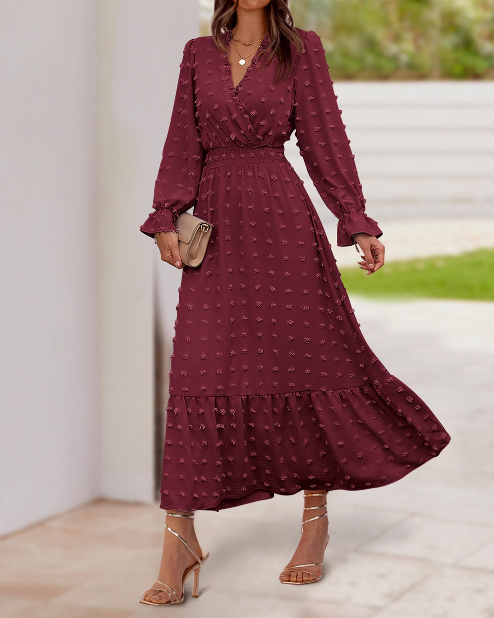 BTFBM Women Spring Dresses 2025 Long Sleeve V Neck Swiss Dots Maxi Dress Boho Long Dress High Waisted A-Line Ruffle Dress(Solid Wine Red,Medium)