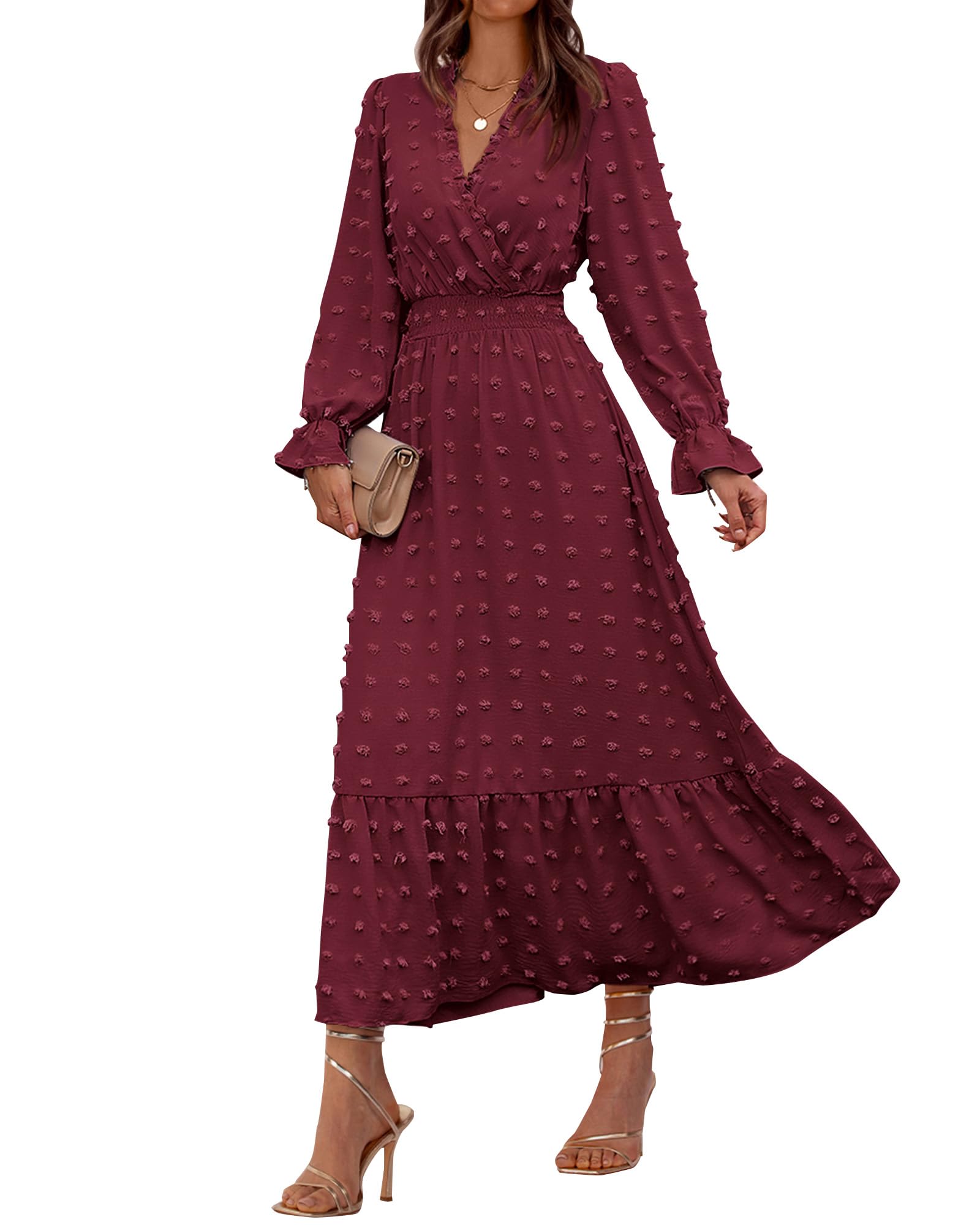 BTFBM Women Spring Dresses 2025 Long Sleeve V Neck Swiss Dots Maxi Dress Boho Long Dress High Waisted A-Line Ruffle Dress(Solid Wine Red,Medium)