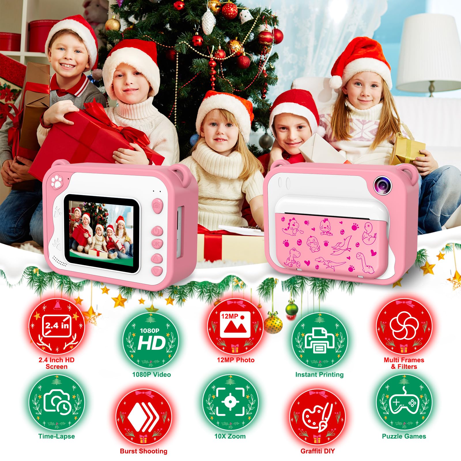 USHINING Instant Print Camera for Kids 12MP Digital Print Camera for Kids Aged 3-12 1080P Instant Camera for Kids with 32GB SD Card,Color Pens,Print Papers (Pink)