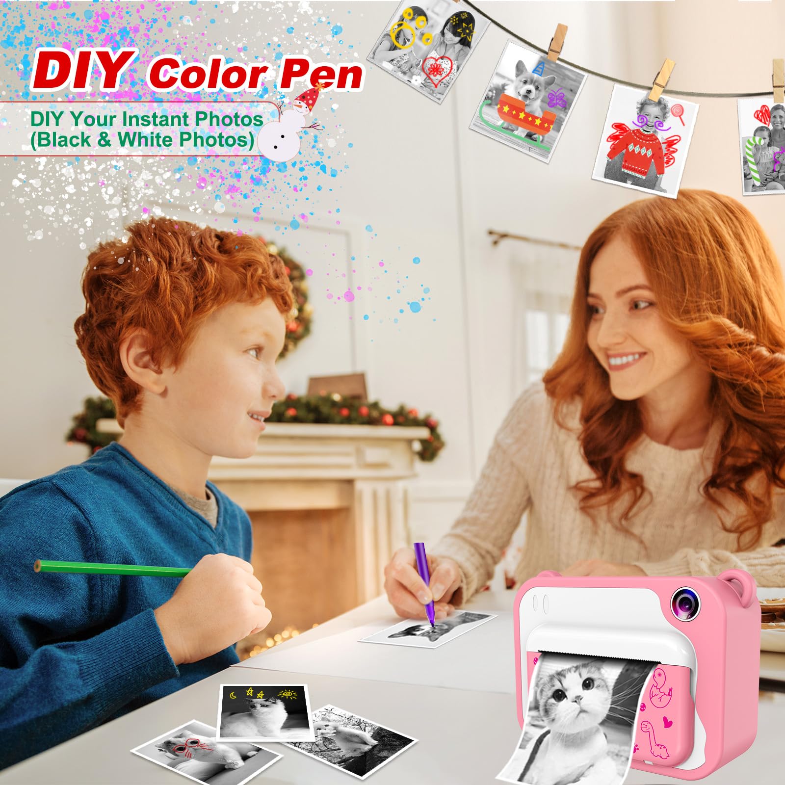 USHINING Instant Print Camera for Kids 12MP Digital Print Camera for Kids Aged 3-12 1080P Instant Camera for Kids with 32GB SD Card,Color Pens,Print Papers (Pink)