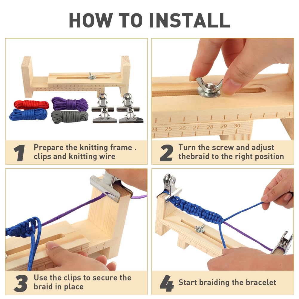 JIANWEI Wooden Jig Bracelet Maker, Paracord Jig Tool, Bracelet Braiding Tool with 4 Rolls Paracord and 4 Buckles, Hand Knitting Kit for Weaving DIY Craft(Wood)