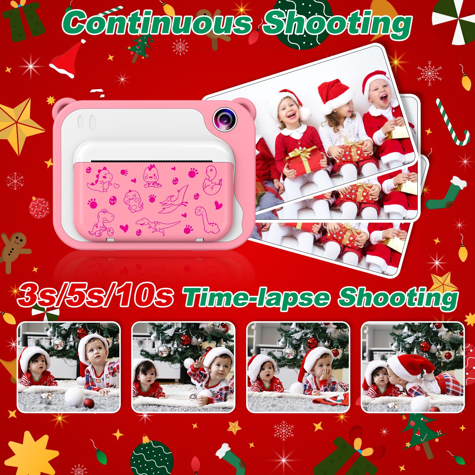 USHINING Instant Print Camera for Kids 12MP Digital Print Camera for Kids Aged 3-12 1080P Instant Camera for Kids with 32GB SD Card,Color Pens,Print Papers (Pink)