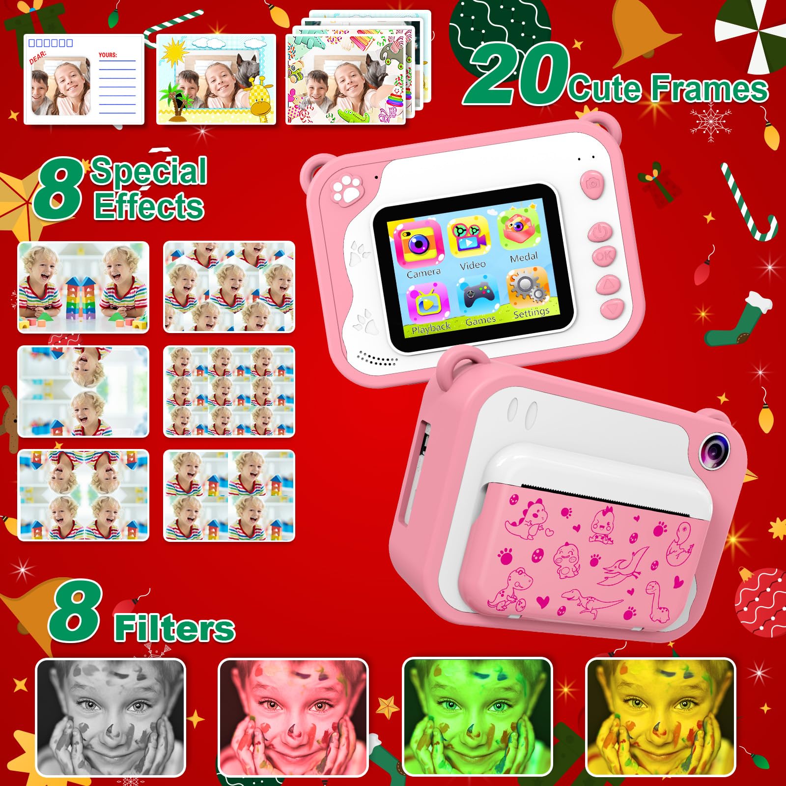 USHINING Instant Print Camera for Kids 12MP Digital Print Camera for Kids Aged 3-12 1080P Instant Camera for Kids with 32GB SD Card,Color Pens,Print Papers (Pink)