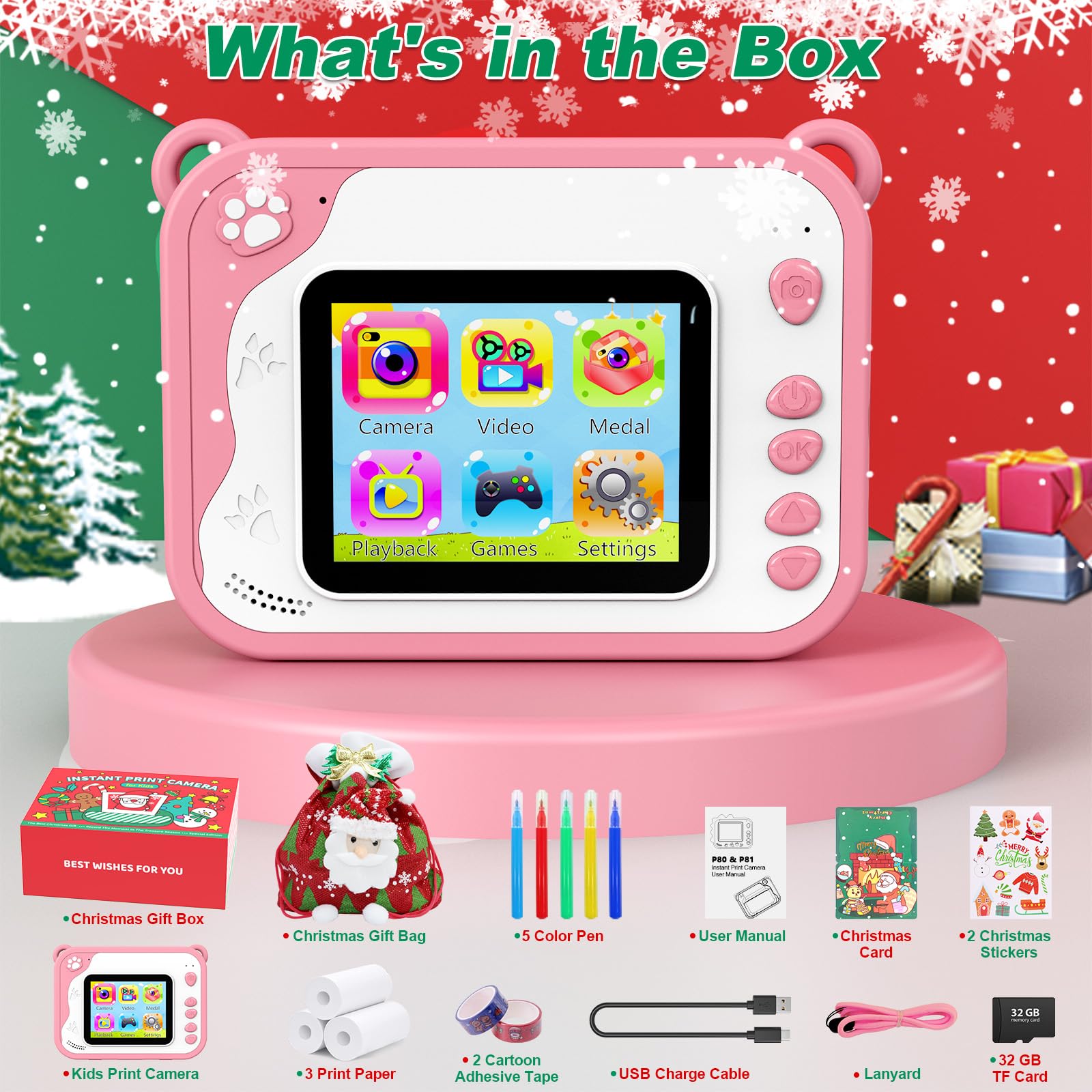 USHINING Instant Print Camera for Kids 12MP Digital Print Camera for Kids Aged 3-12 1080P Instant Camera for Kids with 32GB SD Card,Color Pens,Print Papers (Pink)