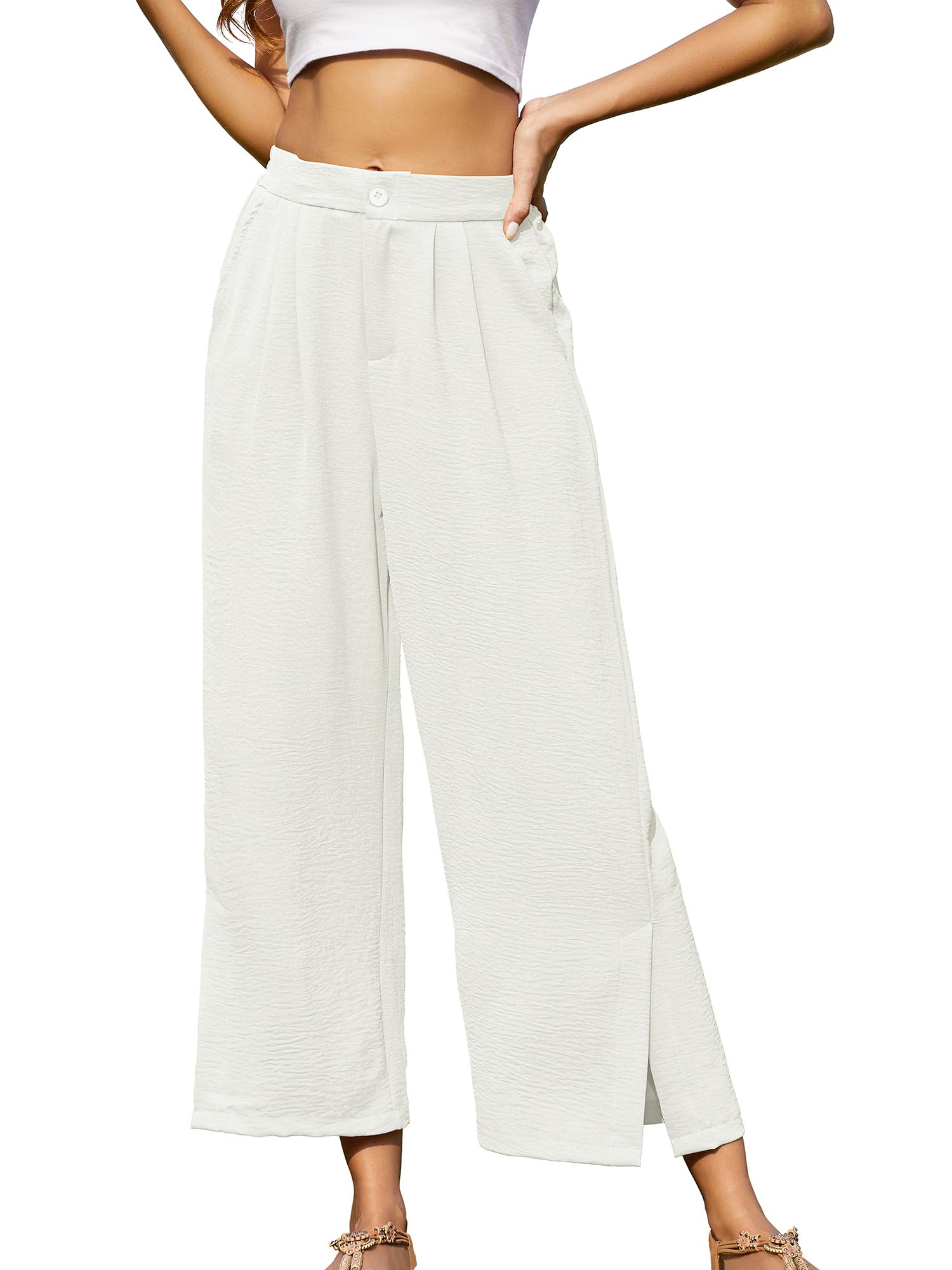 Poplab Wide Leg Petite Pants for Women Casual Flowy Elastic High Waist Capri Trousers with Pockets White, S