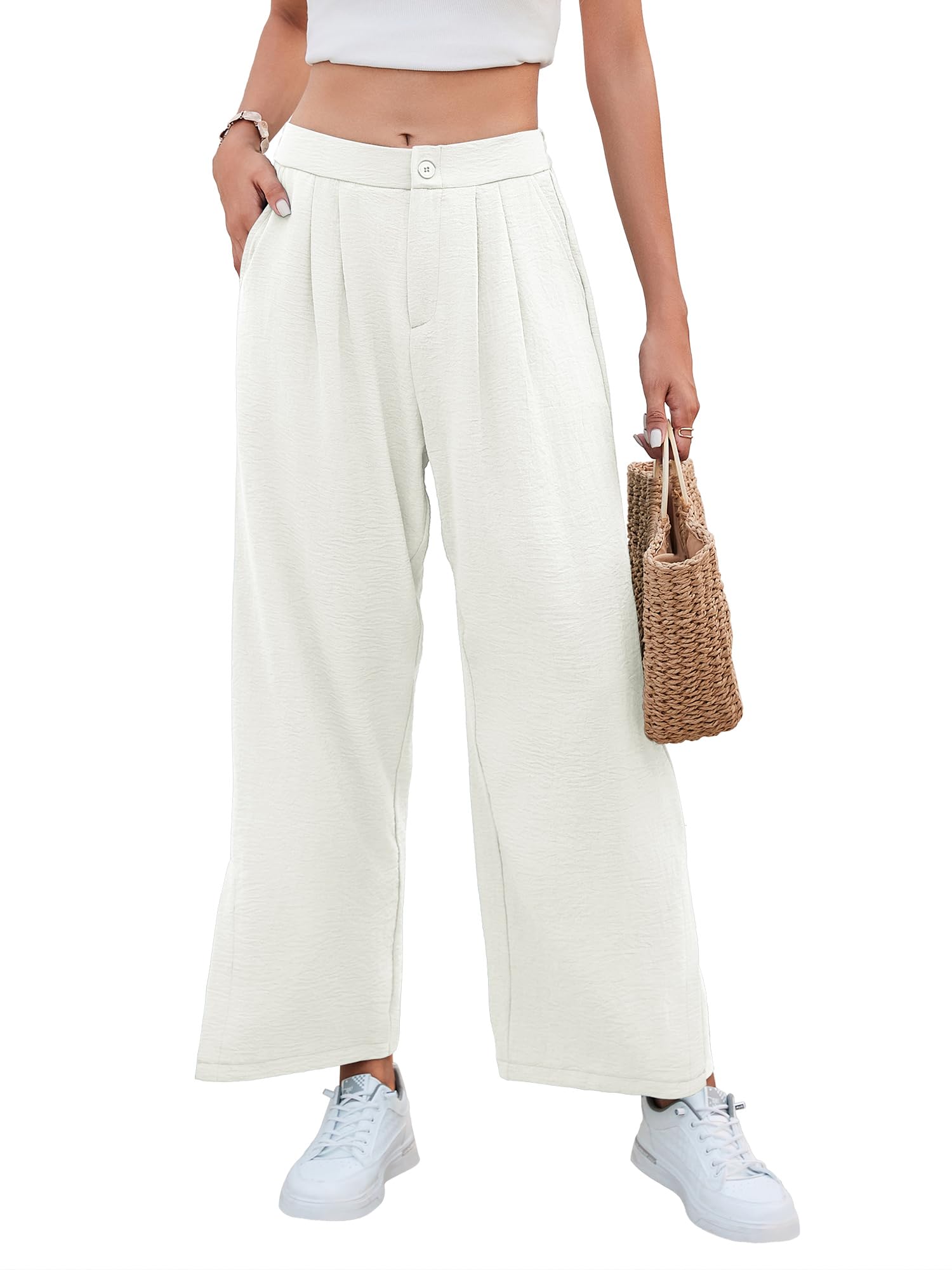 Poplab Wide Leg Petite Pants for Women Casual Flowy Elastic High Waist Capri Trousers with Pockets White, S