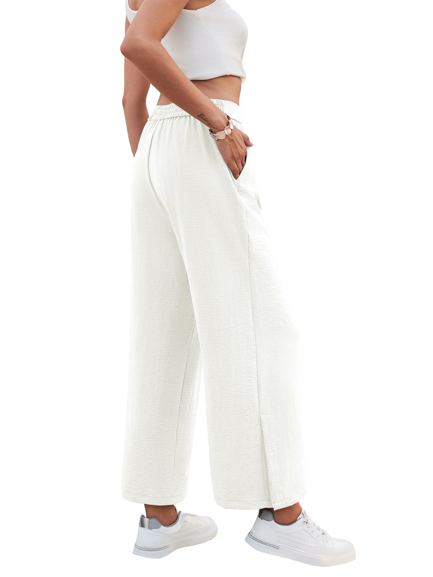 Poplab Wide Leg Petite Pants for Women Casual Flowy Elastic High Waist Capri Trousers with Pockets White, S