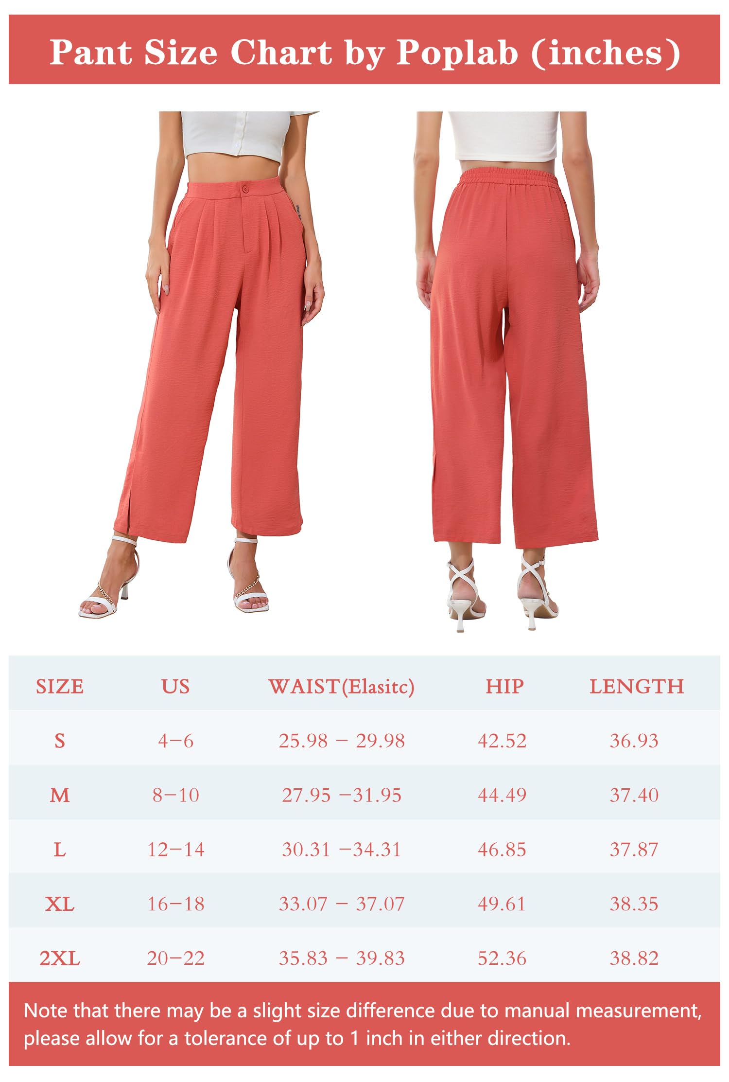 Poplab Wide Leg Petite Pants for Women Casual Flowy Elastic High Waist Capri Trousers with Pockets White, S