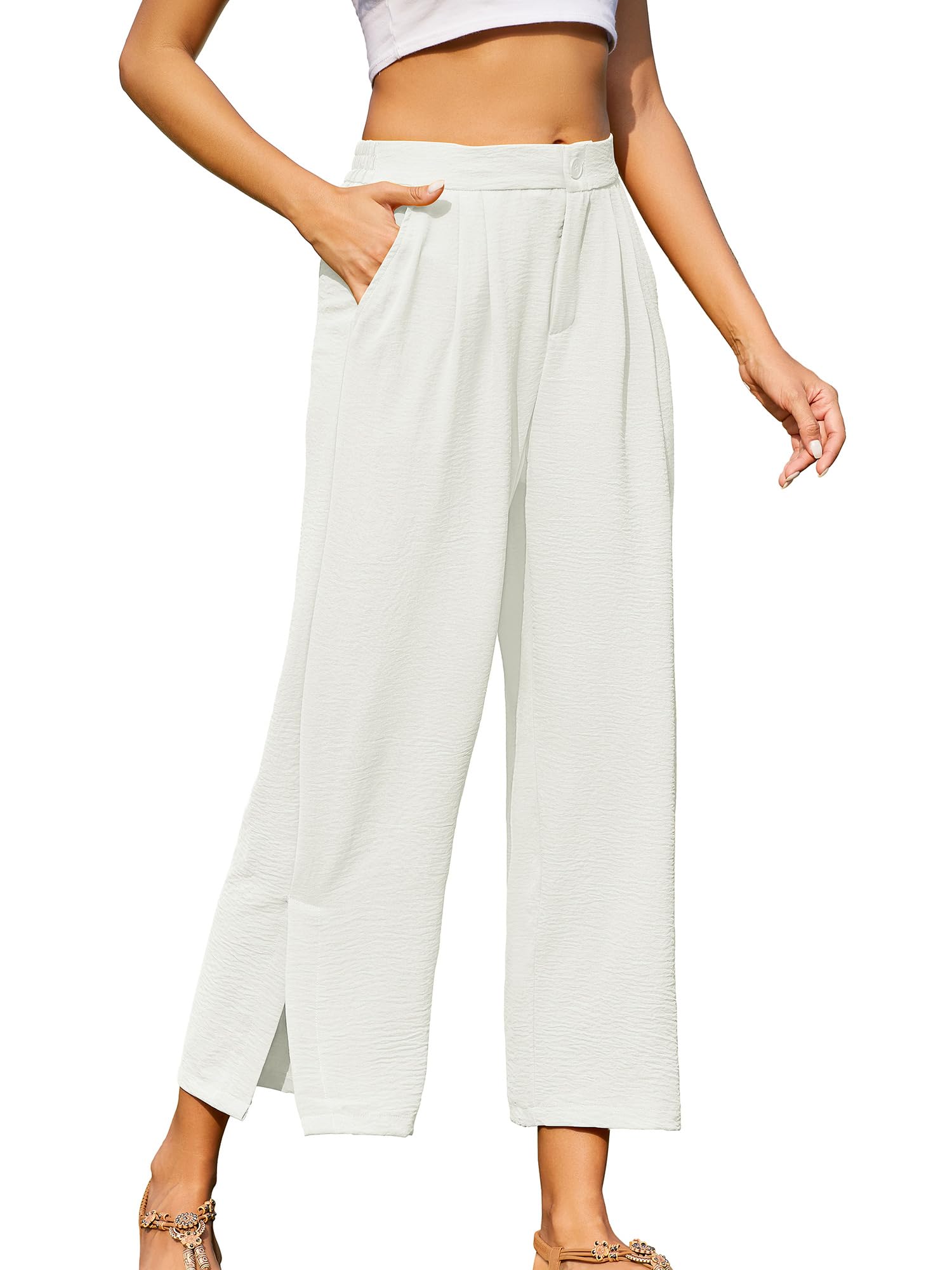 Poplab Wide Leg Petite Pants for Women Casual Flowy Elastic High Waist Capri Trousers with Pockets White, S