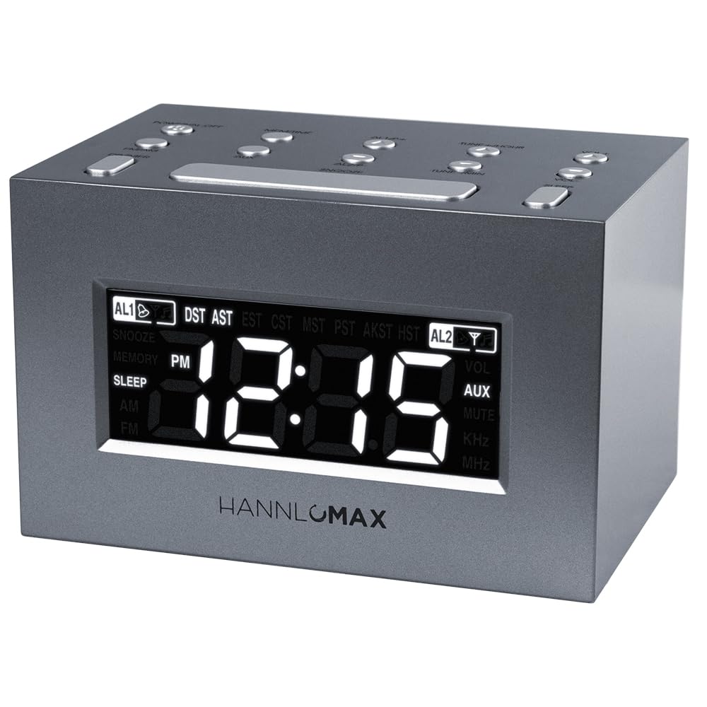 HANNLOMAX HX-111CR Alarm Clock Radio, PLL AM/FM Radio, Dual Alarm, White LED Display, Auto DST, Aux-in Jack. (Grey)