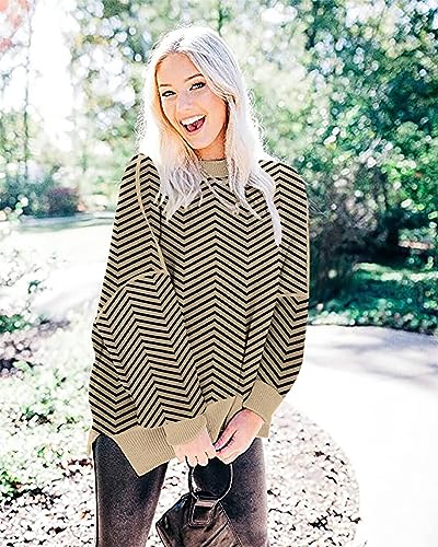 Women's Oversized Crewneck Sweaters Batwing Long Sleeve Side Slit Ribbed Knit Pullover Sweater Tops C-Khaki