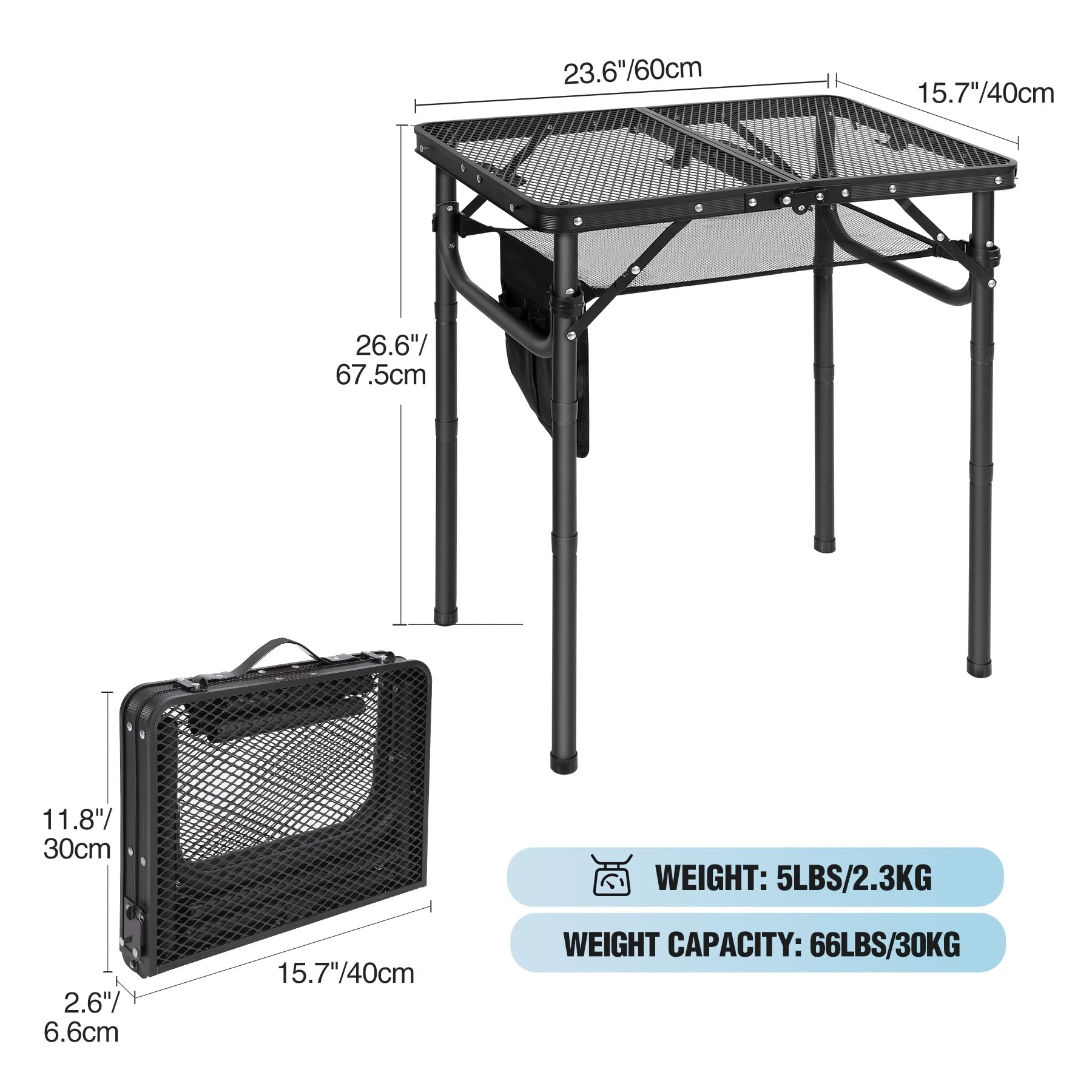 RedSwing Folding Grill Table, Lightweight Height Adjustable Aluminum Table with Mesh Desktop and Mesh Bag for Outdoor Camping Picnic BBQ, Small 2 Feet, Black