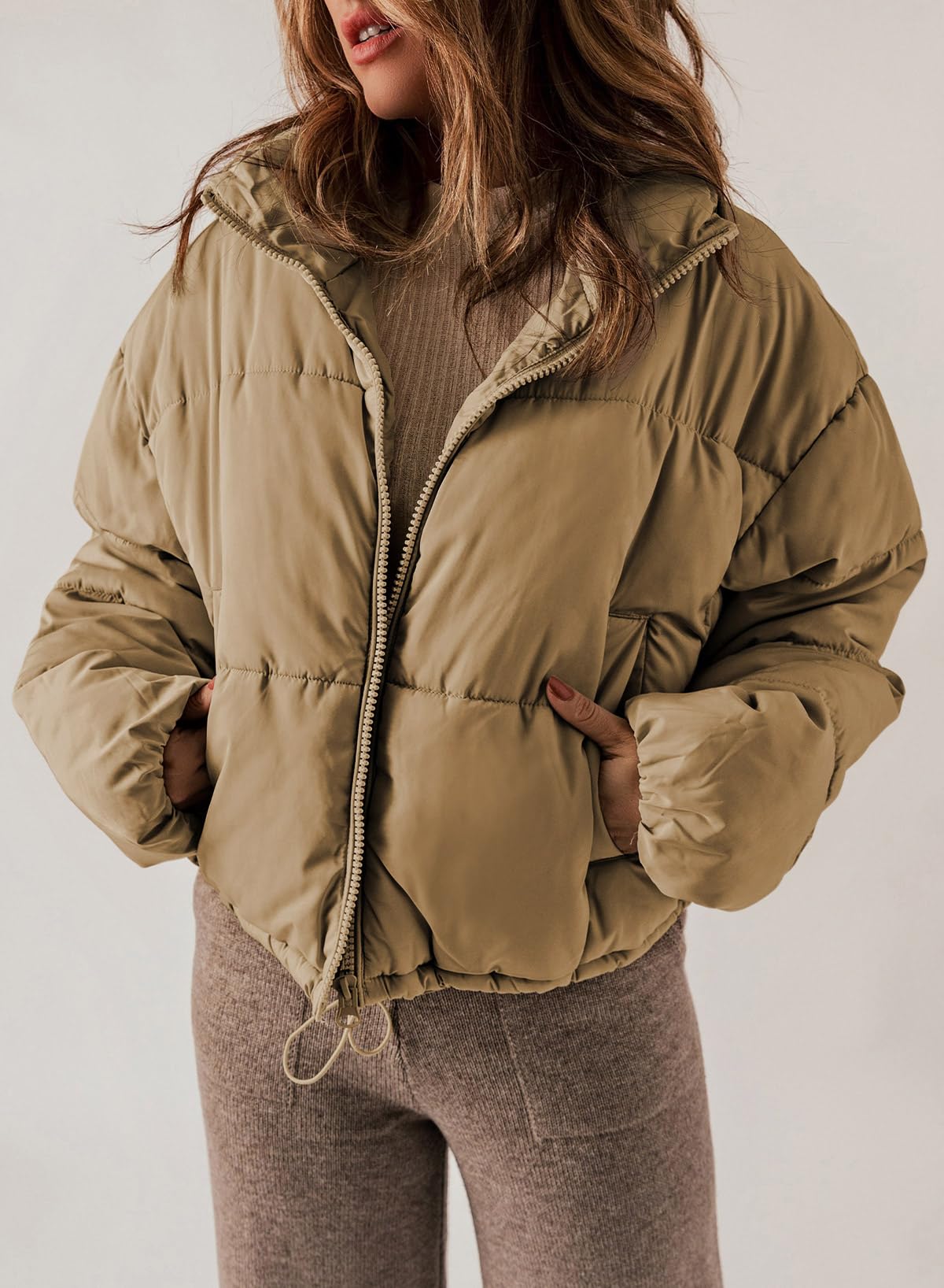 Dokotoo Womens Puffer Jackets Ladies Cute Warm Winter Coats for Women Oversized Stand Neck Full Zipper Up Drawstring Baggy Padded Jacket Coat Warm Comfy Soft Outerwear with Pockets Khaki XL