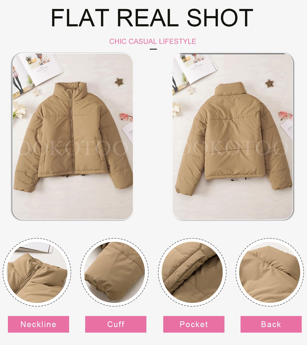 Dokotoo Womens Puffer Jackets Ladies Cute Warm Winter Coats for Women Oversized Stand Neck Full Zipper Up Drawstring Baggy Padded Jacket Coat Warm Comfy Soft Outerwear with Pockets Khaki XL