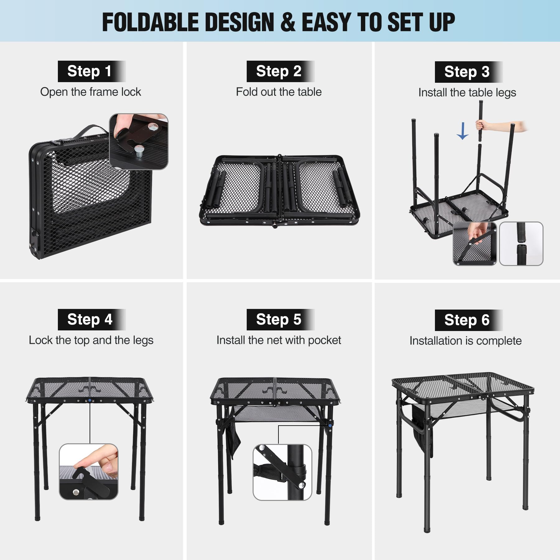 RedSwing Folding Grill Table, Lightweight Height Adjustable Aluminum Table with Mesh Desktop and Mesh Bag for Outdoor Camping Picnic BBQ, Small 2 Feet, Black