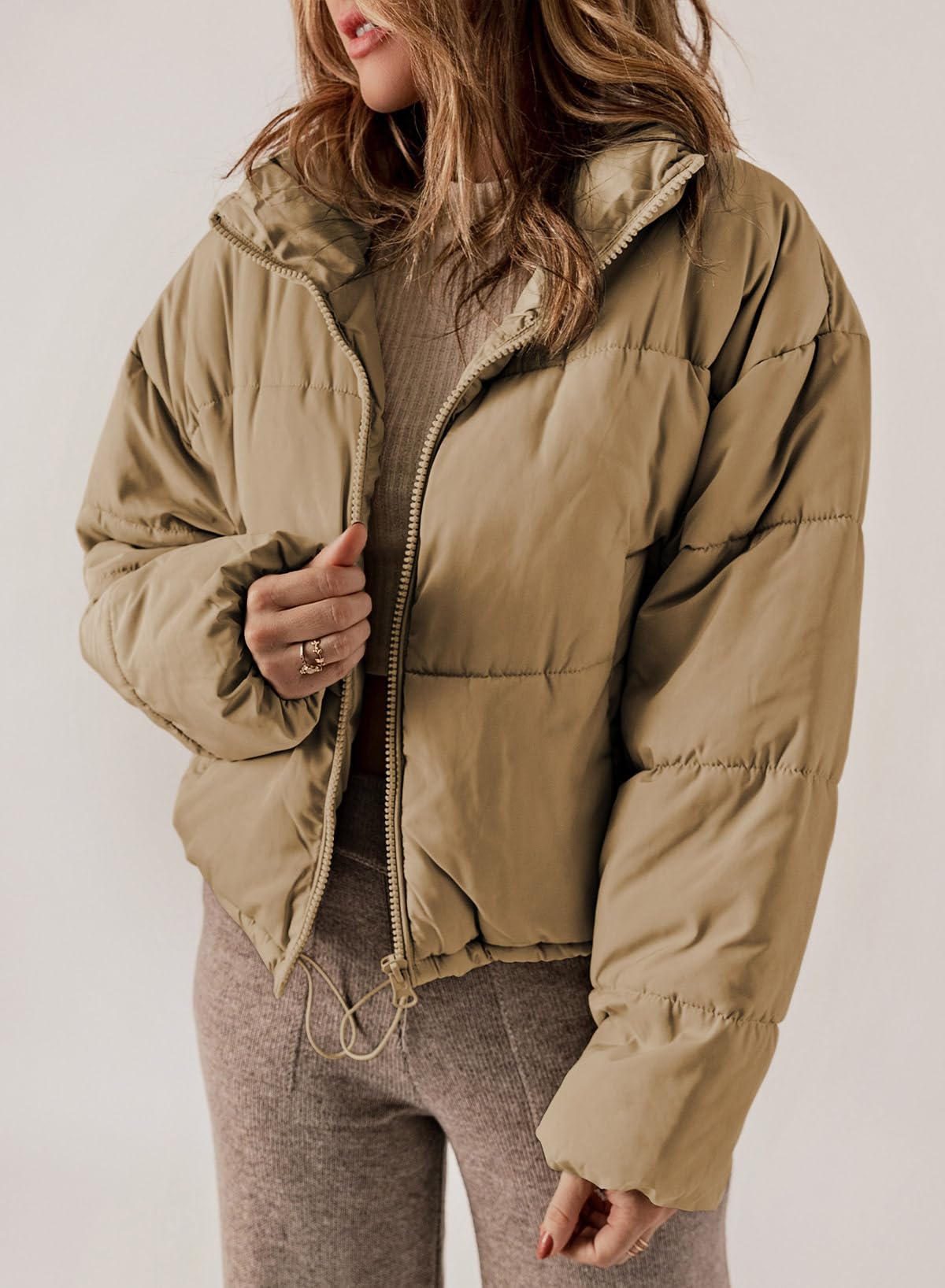 Dokotoo Womens Puffer Jackets Ladies Cute Warm Winter Coats for Women Oversized Stand Neck Full Zipper Up Drawstring Baggy Padded Jacket Coat Warm Comfy Soft Outerwear with Pockets Khaki XL