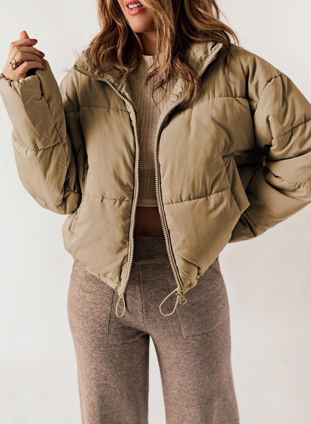 Dokotoo Womens Puffer Jackets Ladies Cute Warm Winter Coats for Women Oversized Stand Neck Full Zipper Up Drawstring Baggy Padded Jacket Coat Warm Comfy Soft Outerwear with Pockets Khaki XL
