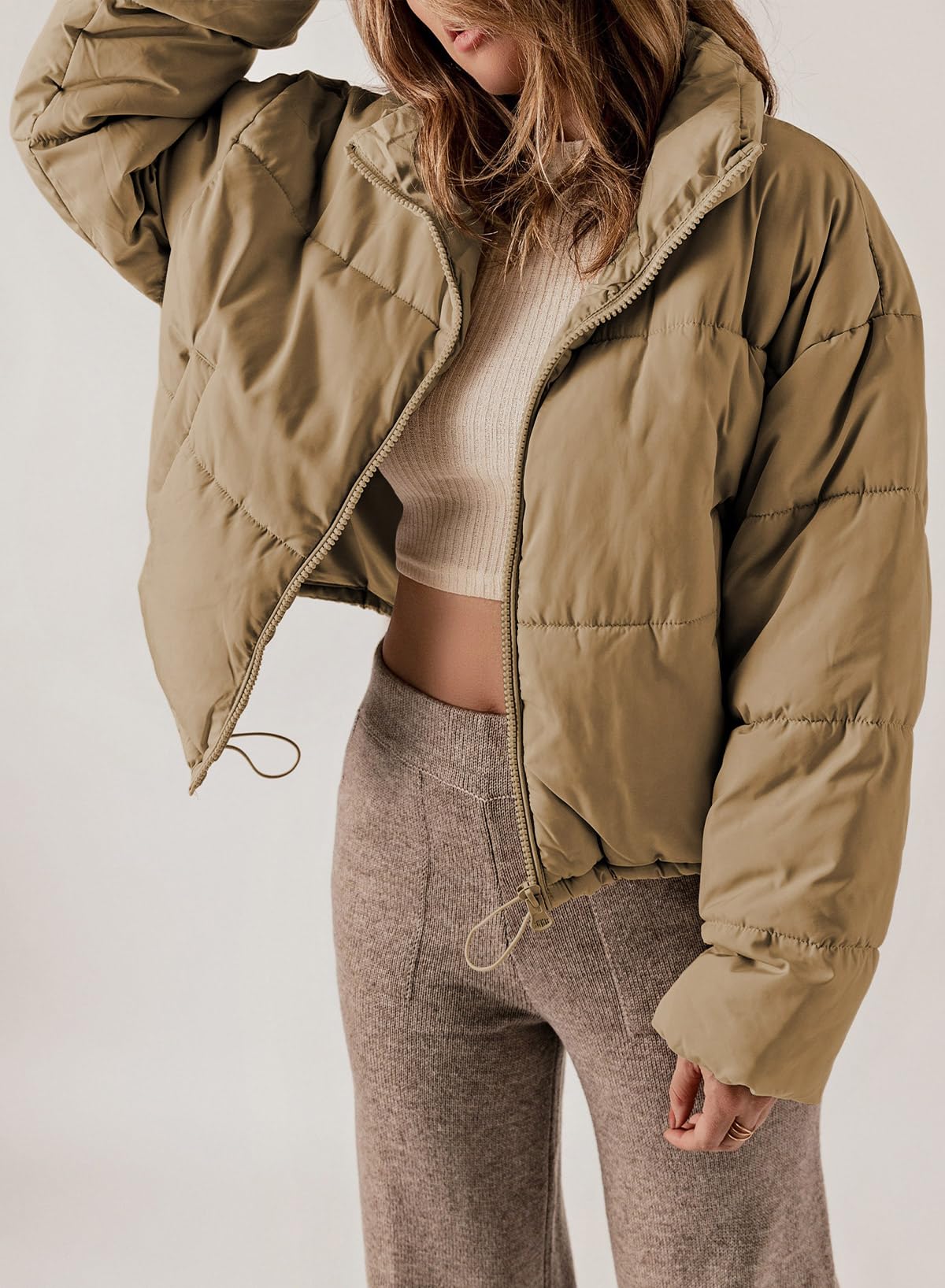 Dokotoo Womens Puffer Jackets Ladies Cute Warm Winter Coats for Women Oversized Stand Neck Full Zipper Up Drawstring Baggy Padded Jacket Coat Warm Comfy Soft Outerwear with Pockets Khaki XL