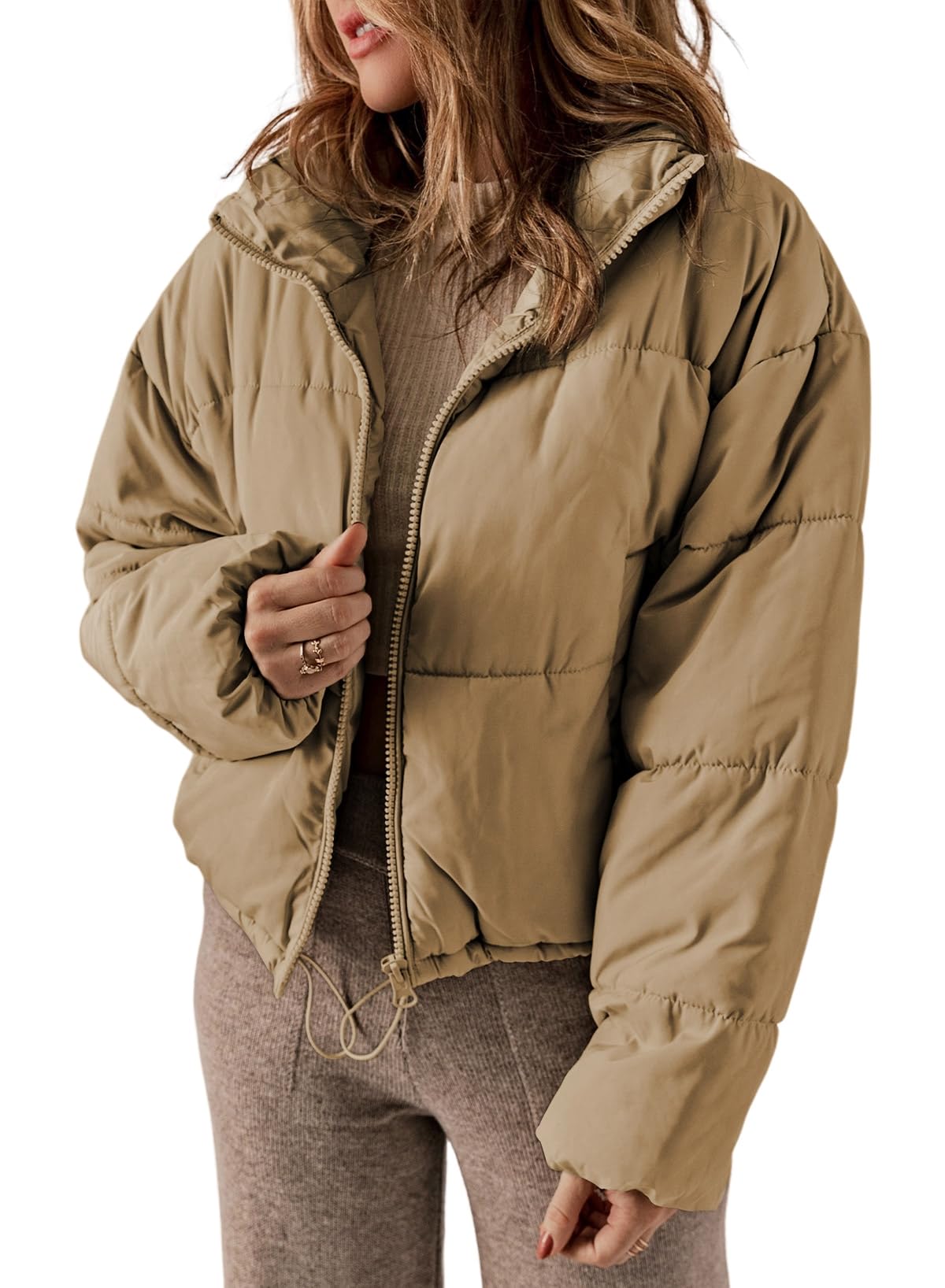 Dokotoo Womens Puffer Jackets Ladies Cute Warm Winter Coats for Women Oversized Stand Neck Full Zipper Up Drawstring Baggy Padded Jacket Coat Warm Comfy Soft Outerwear with Pockets Khaki XL