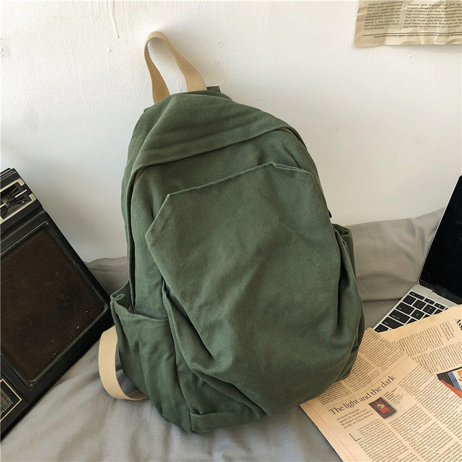 CBDAO Women's canvas bag, men's and women's large capacity leisure backpack, men's and women's travel backpack (Green,One Size)