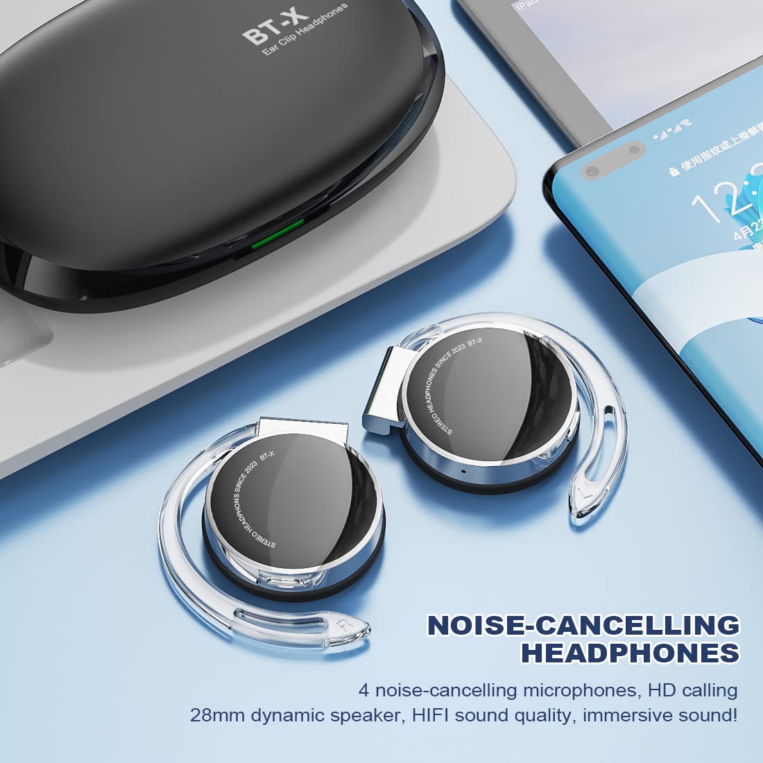 Clip on Headphones Bluetooth V5.3, Open Ear Earphones Wireless with Earhooks, Ear Clip On-Ear Headphones, Sports Headset Bluetooth with 4 Microphones, Noising Cancelling/Long Battery Life(Black)