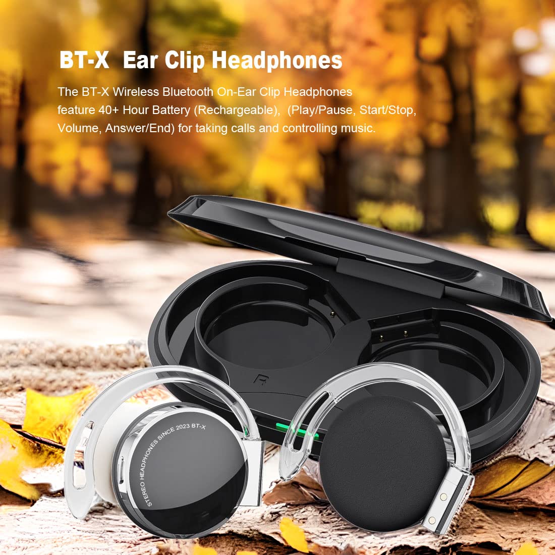 Clip on Headphones Bluetooth V5.3, Open Ear Earphones Wireless with Earhooks, Ear Clip On-Ear Headphones, Sports Headset Bluetooth with 4 Microphones, Noising Cancelling/Long Battery Life(Black)