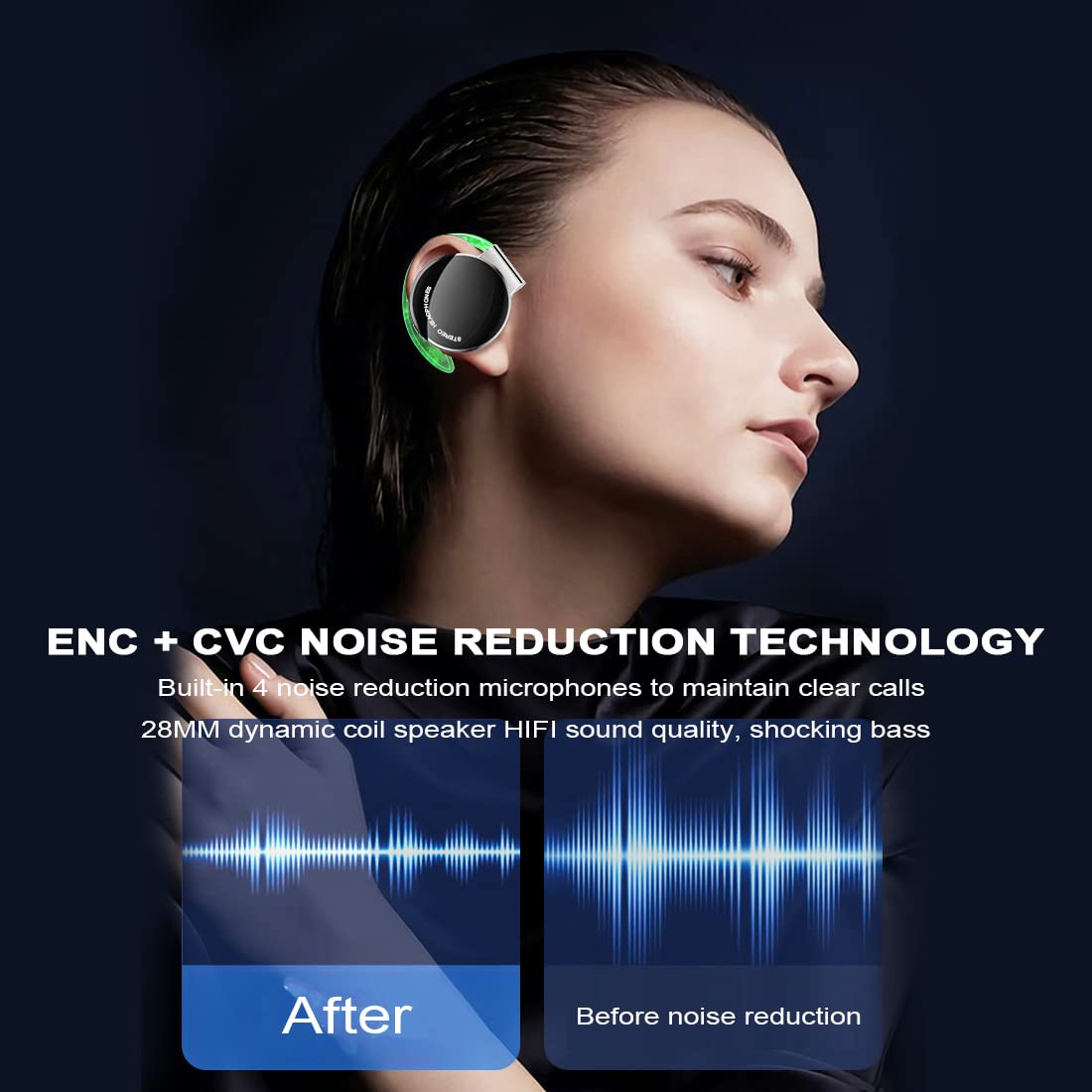 Clip on Headphones Bluetooth V5.3, Open Ear Earphones Wireless with Earhooks, Ear Clip On-Ear Headphones, Sports Headset Bluetooth with 4 Microphones, Noising Cancelling/Long Battery Life(Black)