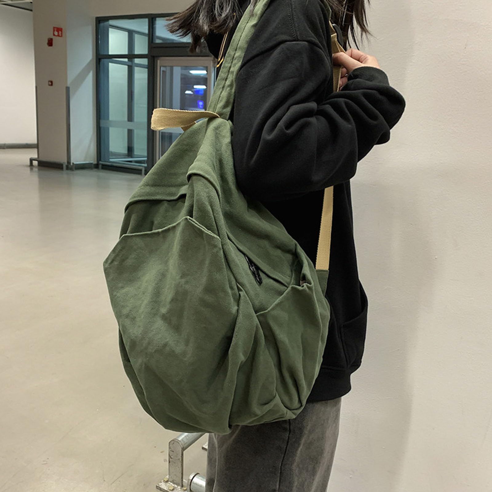 CBDAO Women's canvas bag, men's and women's large capacity leisure backpack, men's and women's travel backpack (Green,One Size)