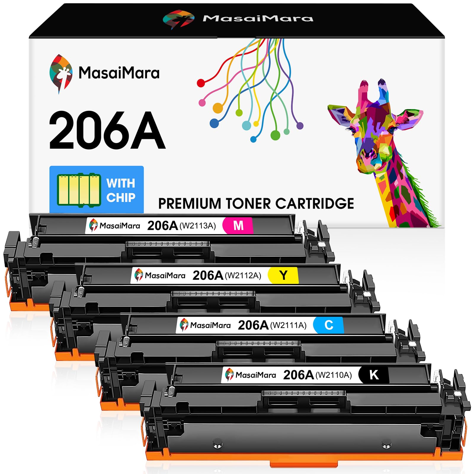 MasaiMara 206A 206X 206 W2110a Toner Cartridges (with Chip) Compatible for HP Color LaserJet Pro MFP M255dw M283fdw M255nw M282nw M283cdw M283fdn M283 Printer Ink (Black Cyan Yellow Magenta, 4 Pack)