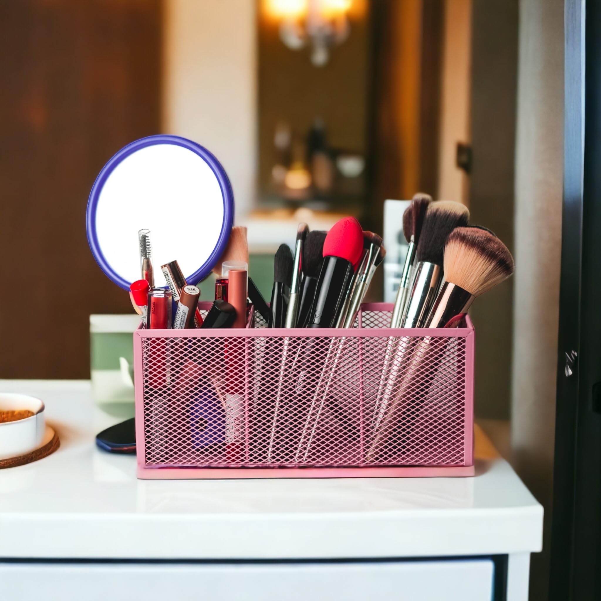 Jolly Desk Duo Pack Mesh Metal Pen Pencil Holder With 3 Rectangular Compartments in Black and Pink Organization for Your Desk Office Classroom Home
