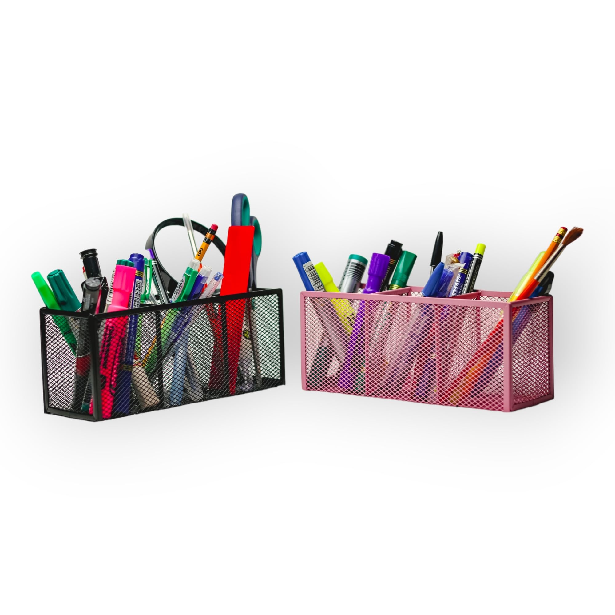 Jolly Desk Duo Pack Mesh Metal Pen Pencil Holder With 3 Rectangular Compartments in Black and Pink Organization for Your Desk Office Classroom Home