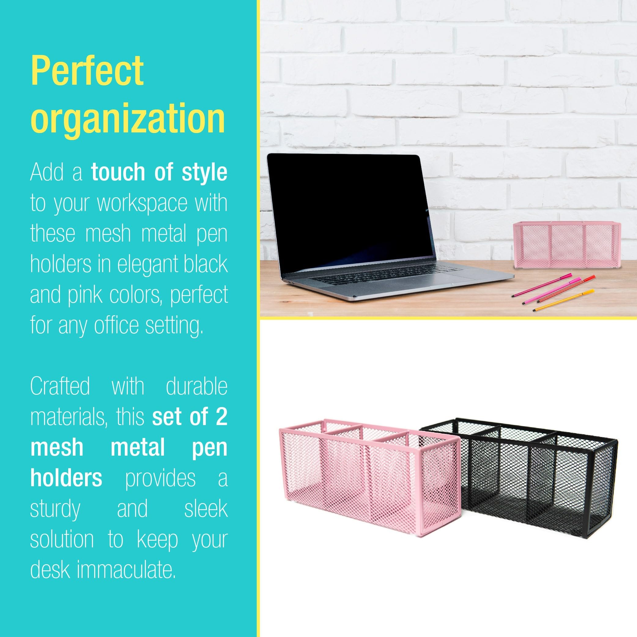 Jolly Desk Duo Pack Mesh Metal Pen Pencil Holder With 3 Rectangular Compartments in Black and Pink Organization for Your Desk Office Classroom Home