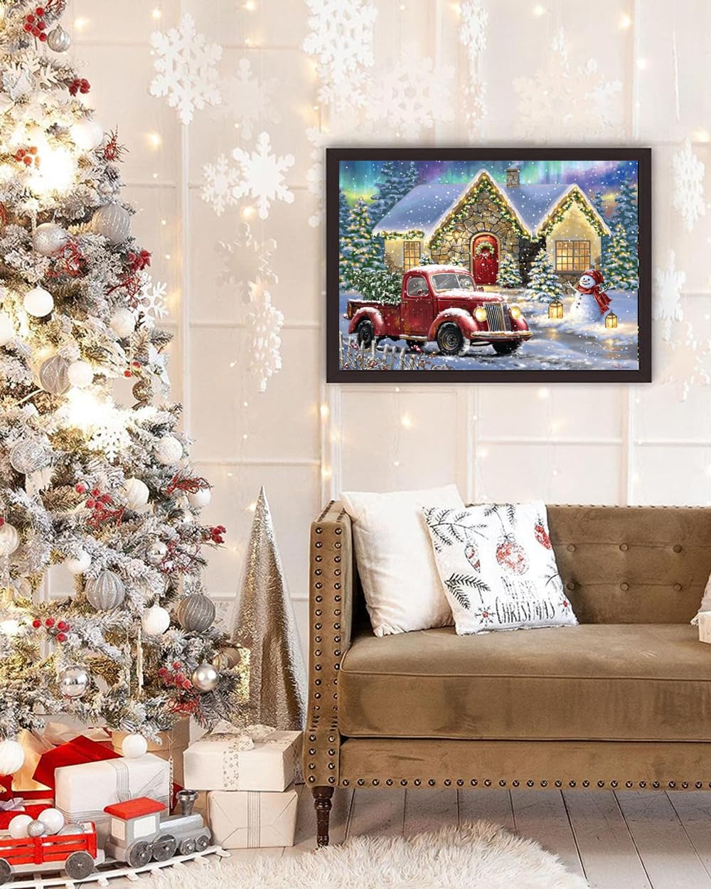 Christmas Stamped Cross Stitch for Adults Beginners,Red Truck Counted Stitch Kits DIY Printed Cross-Stitch Snowman Patterns Needlepoint Kits，Arts and Crafts Embroidery Kits for Christmas Home Decor