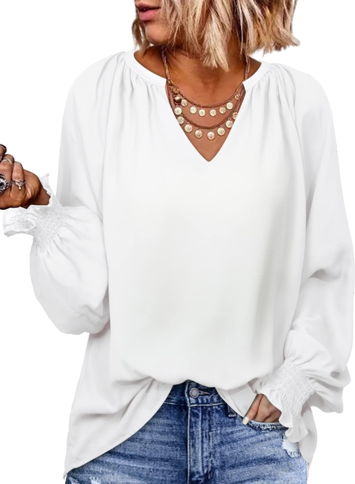 Dokotoo Spring Summer Tops for Women Trendy Elegant Ladies Tops and Blouses for Women Dressy Casual Long Sleeve Shirts V Neck Chiffon Blouses Plus Size Business Casual Tops White Blouses for Women XL