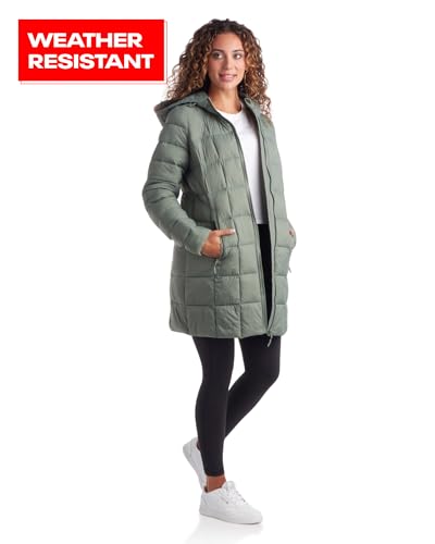Reebok Women's Winter Jacket - Long Length Quilted Puffer Parka - Heavyweight Outerwear Coat for Women (S-XL), Size Medium, Sage