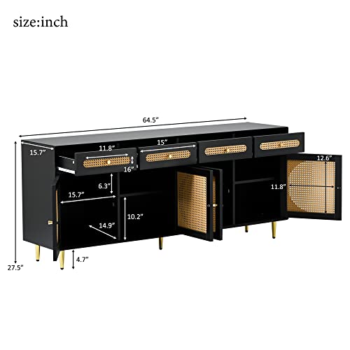 Modern TV Stand with 4 Rattan Doors and 4 Drawers, Entertainment Center for TVs Up to 65", Media Console Table Storage Sideboard Cabinet with Adjustable Shelves for Living Room Bedroom (Black-4R)