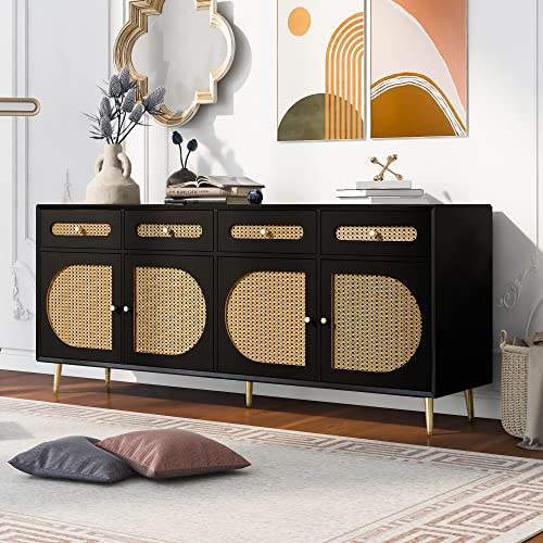 Modern TV Stand with 4 Rattan Doors and 4 Drawers, Entertainment Center for TVs Up to 65", Media Console Table Storage Sideboard Cabinet with Adjustable Shelves for Living Room Bedroom (Black-4R)